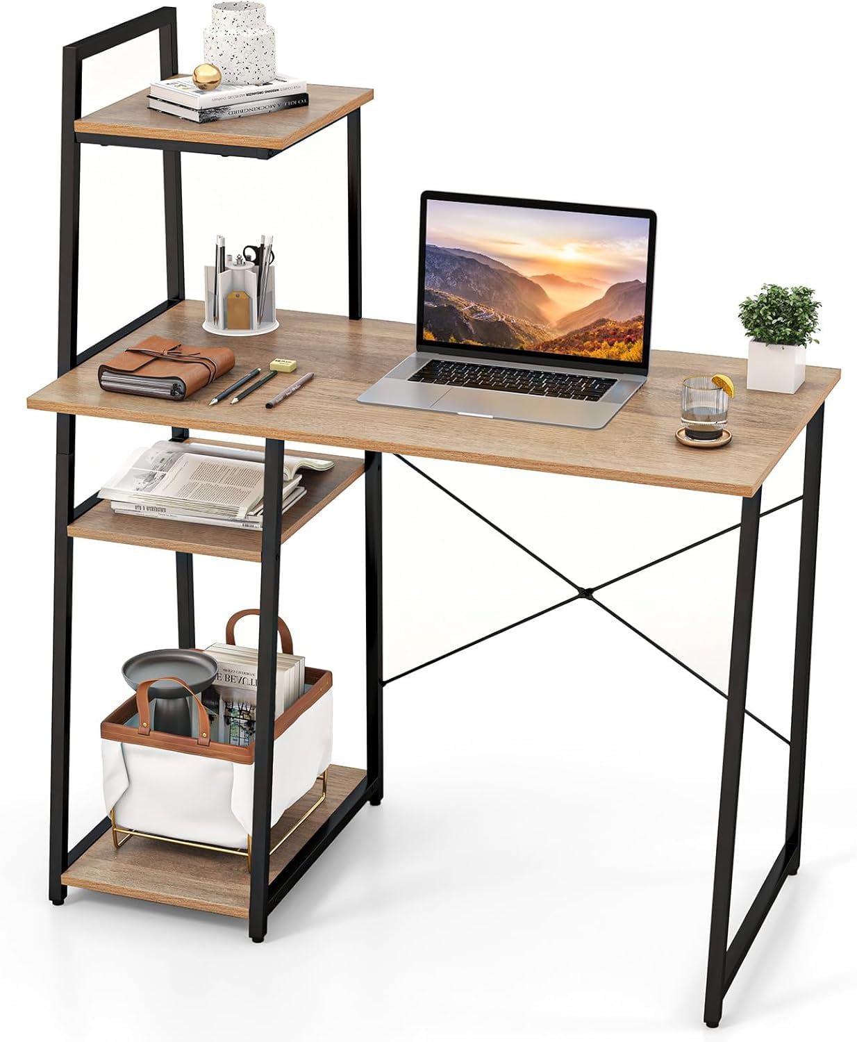 Computer Desk with Shelves, Space Saving Home Office Desk with 3-Tier ...