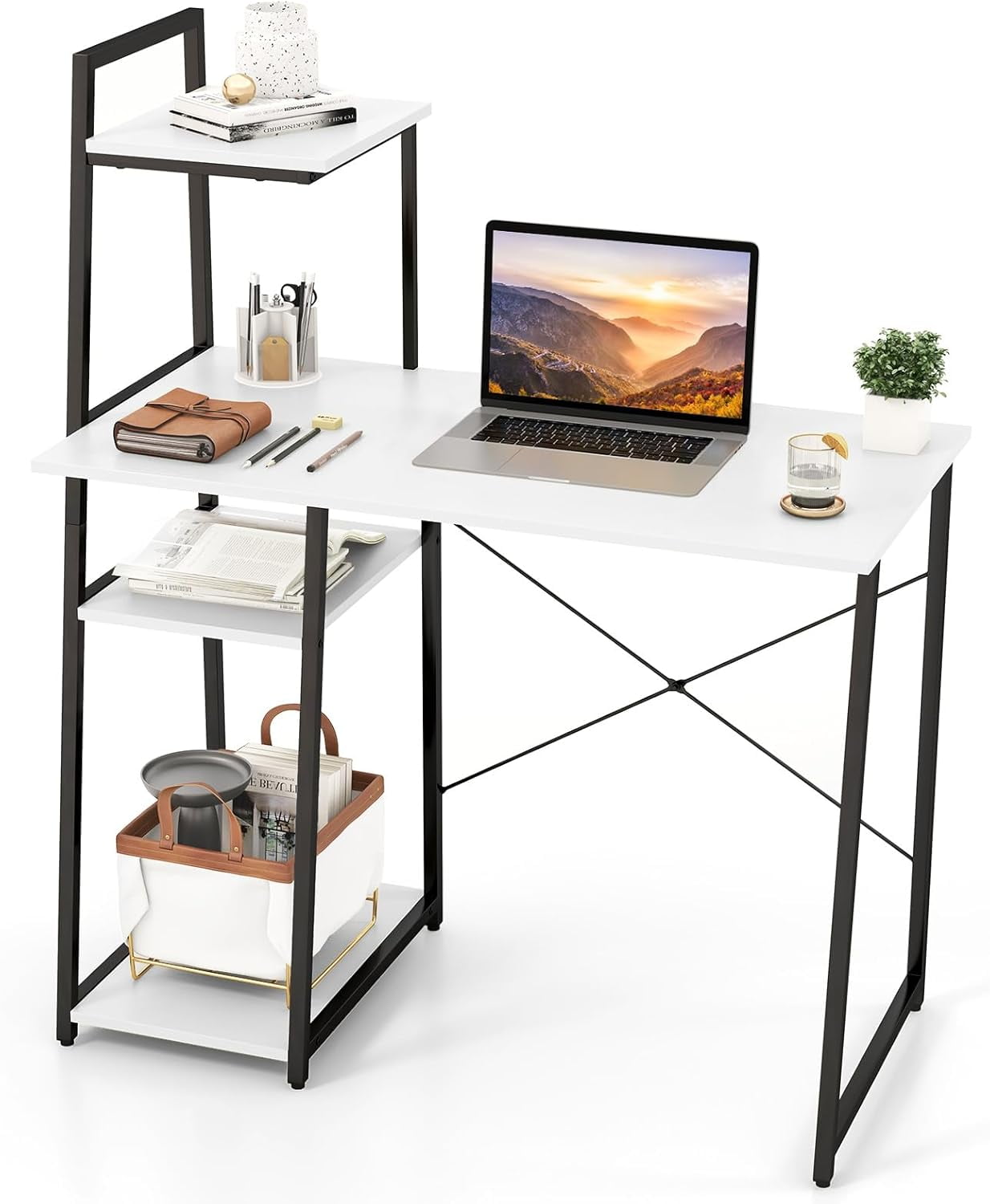 Computer Desk with Shelves, Space Saving Home Office Desk with 3-Tier ...