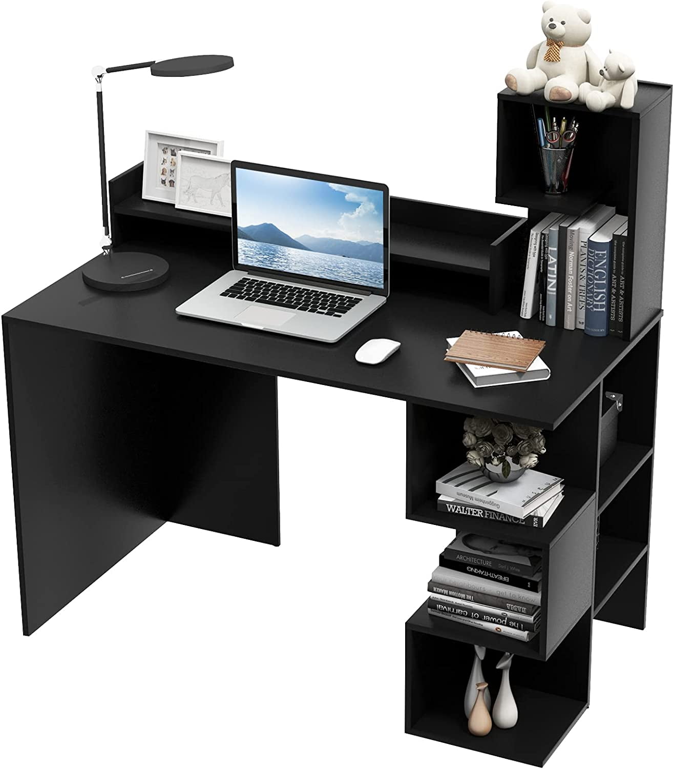 Computer Desk with Storage Bookshelf & Hutch, 48” Modern Home Office ...
