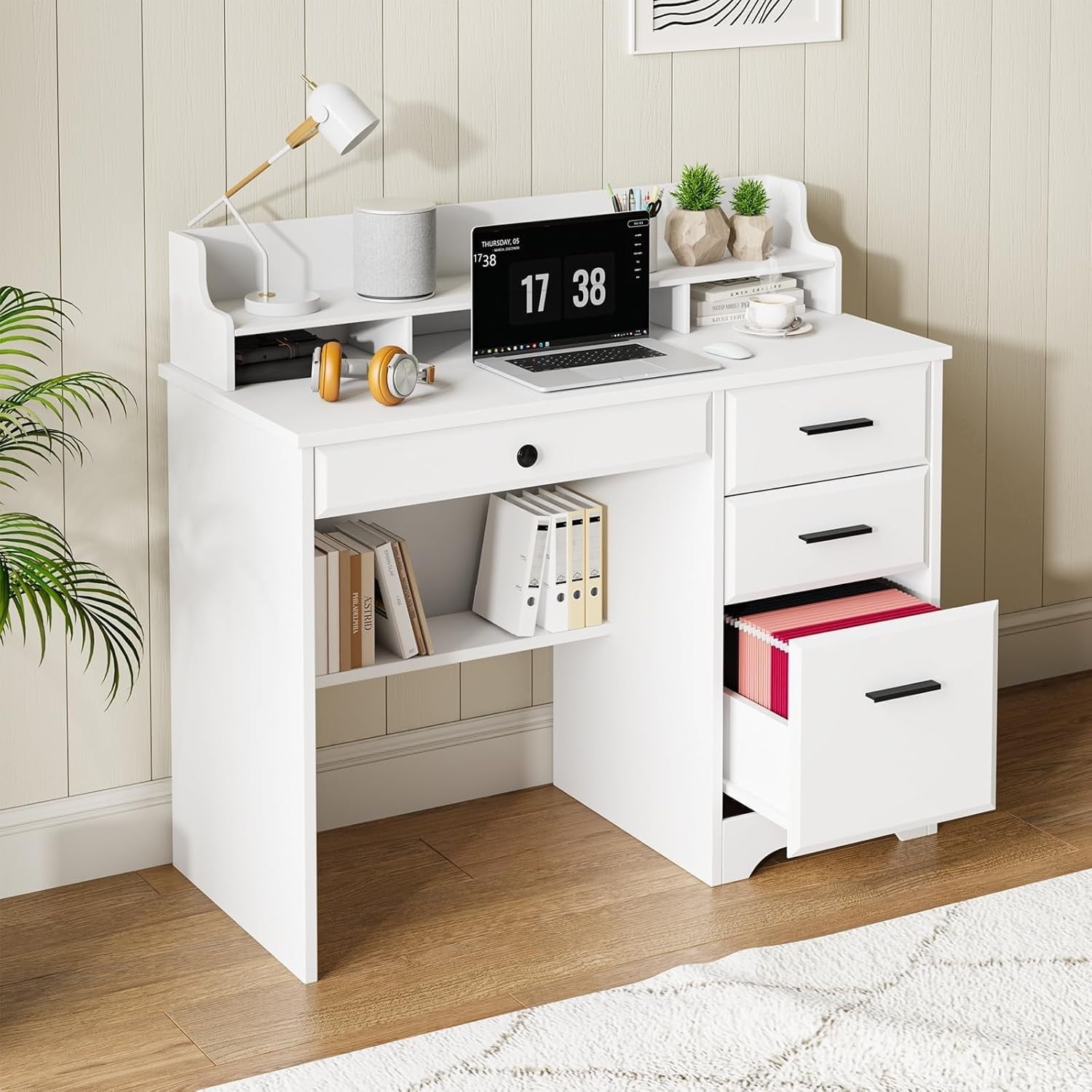 Computer Desk with Storage Drawers and Hutch 44 Inch Farmhouse Writing ...