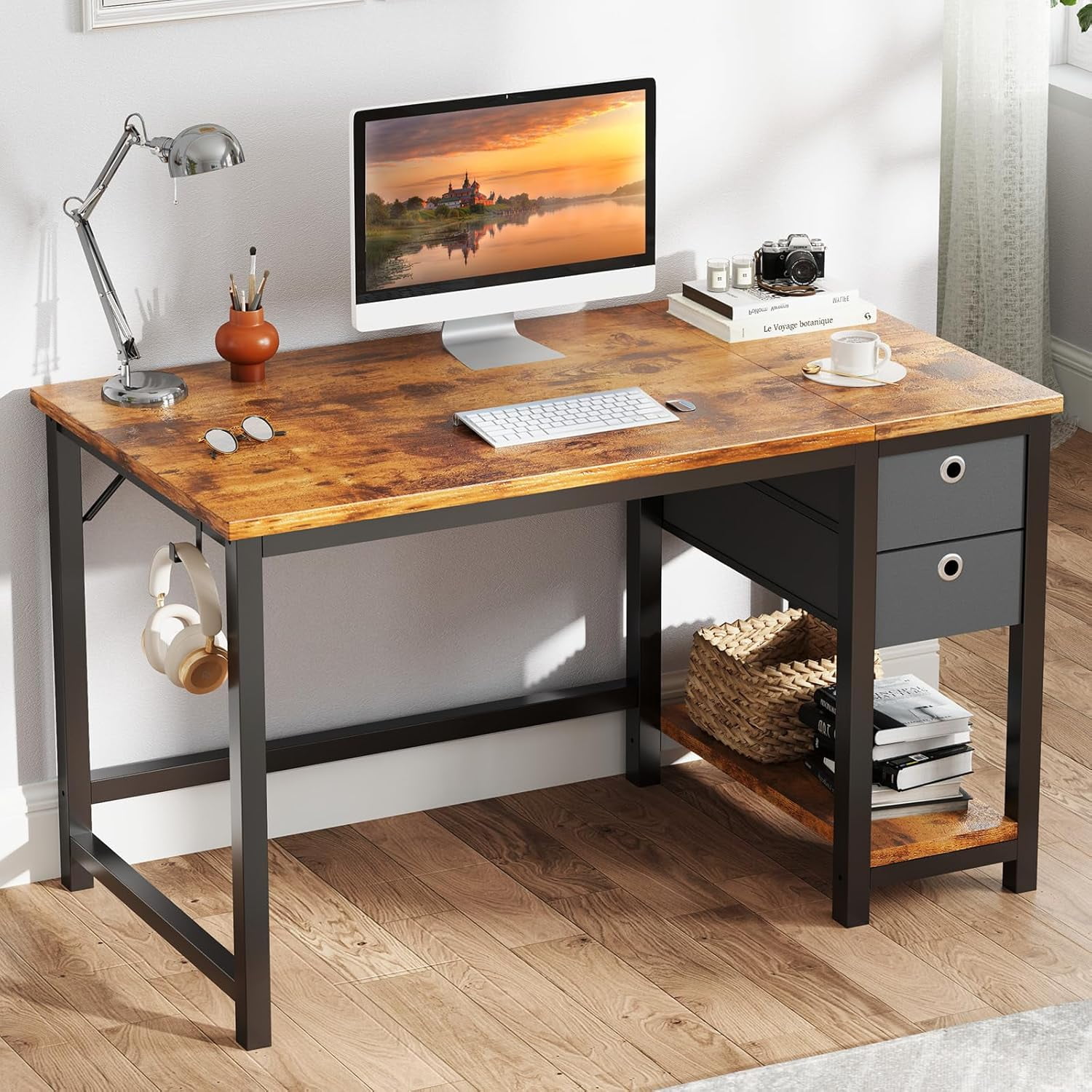 Computer Desk with Storage Drawers, Small Office Desk Modern Simple Study Writing Table for Home ...