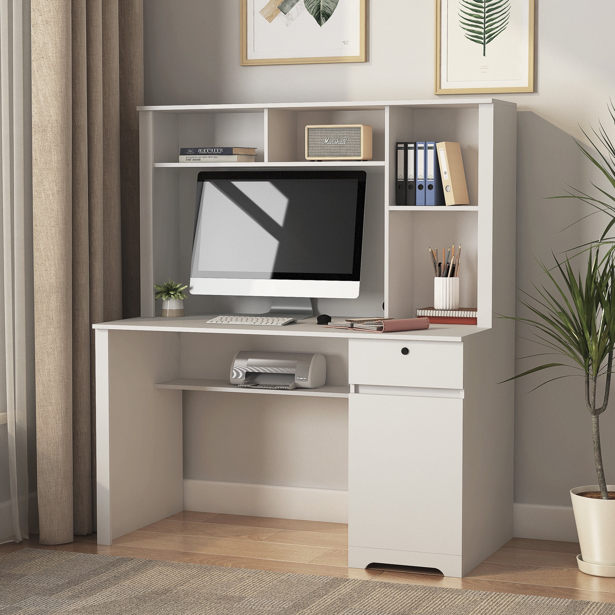 Computer Desk with Storage Hutch & Lockable Drawers, Home Office Study ...