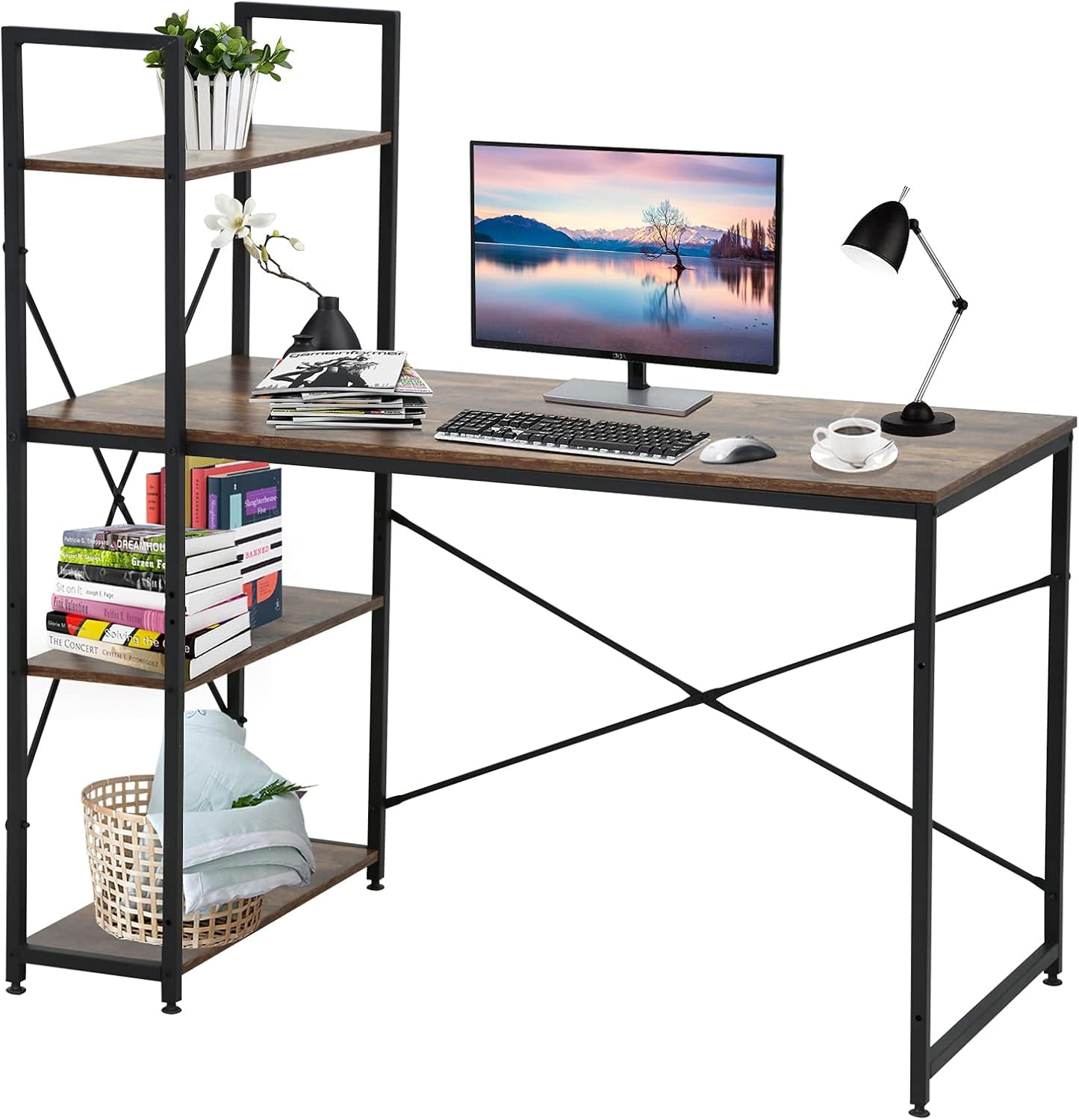 Computer Desk Table with Bookshelf Home Office Desk Writing Study Table ...