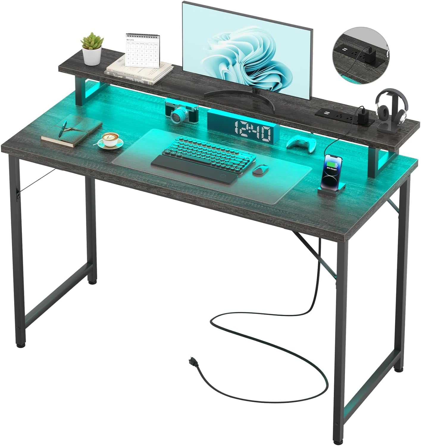 Computer Desk with USB Power Outlets and LED Lights, 47 inch Gaming ...