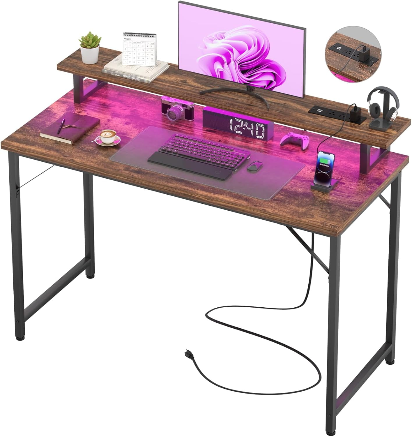 Computer Desk with USB Power Outlets and LED Lights, 47 inch Gaming ...