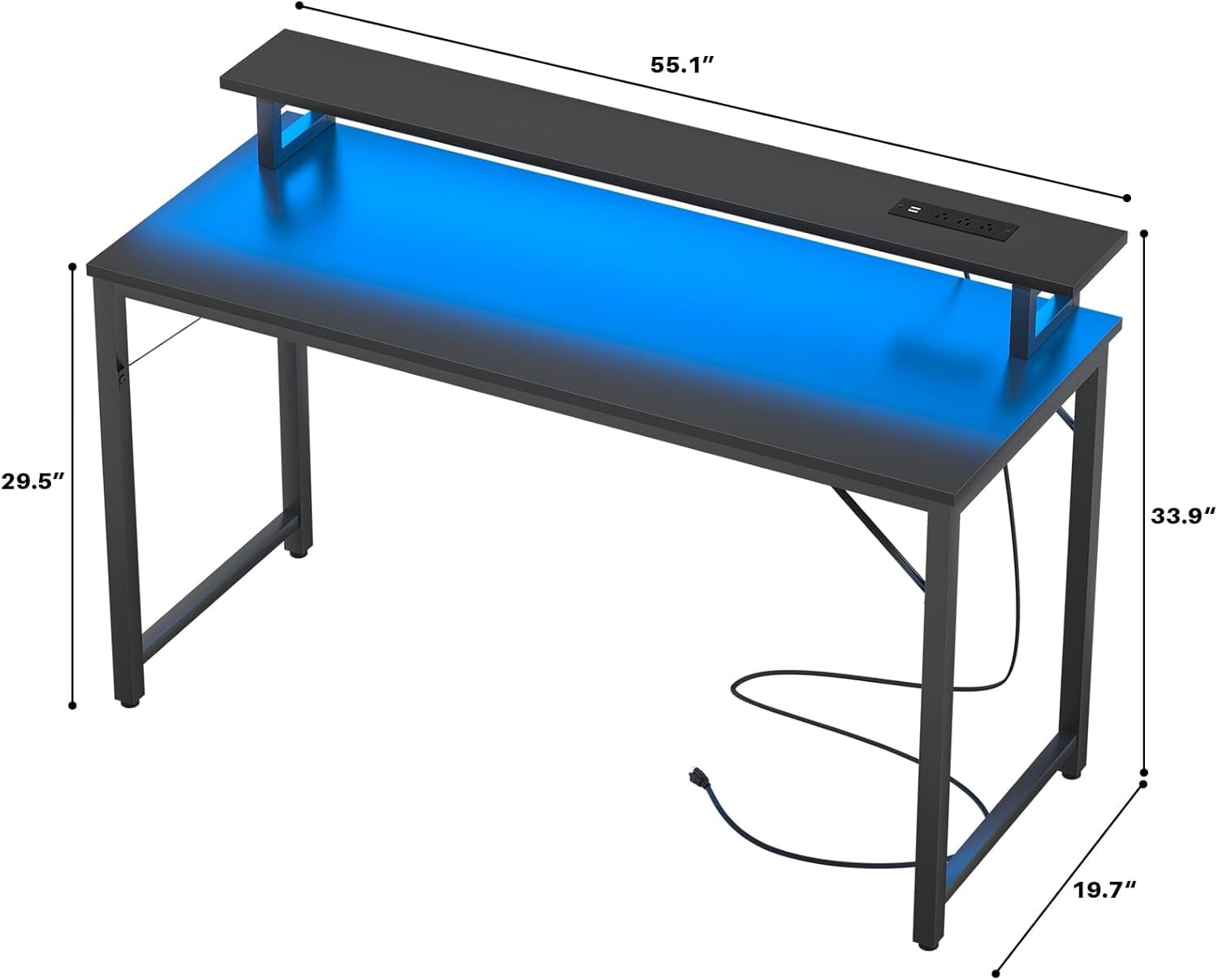 Computer Desk with USB Power Outlets and LED Lights,55 inch Gaming Desk ...