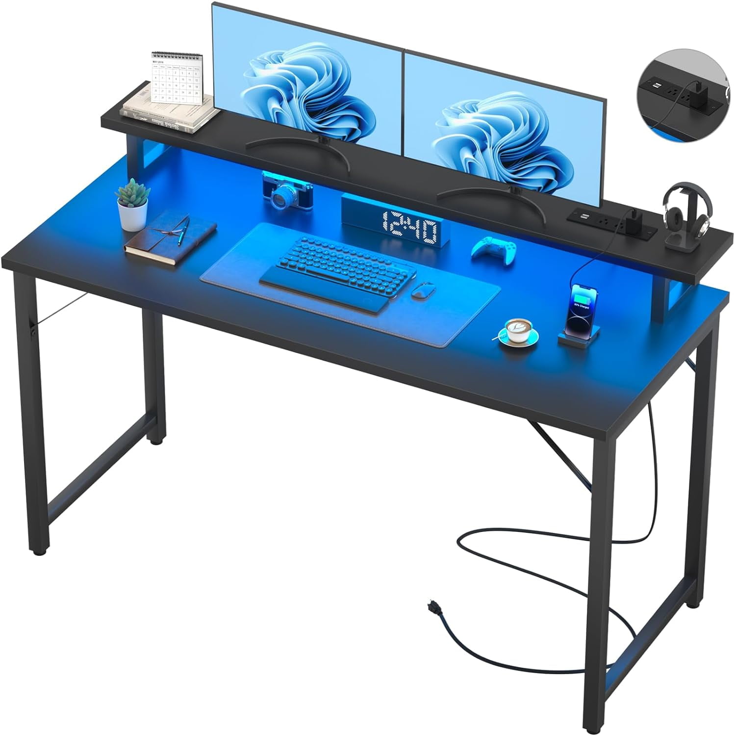 Computer Desk with USB Power Outlets and LED Lights,55 inch Gaming Desk ...
