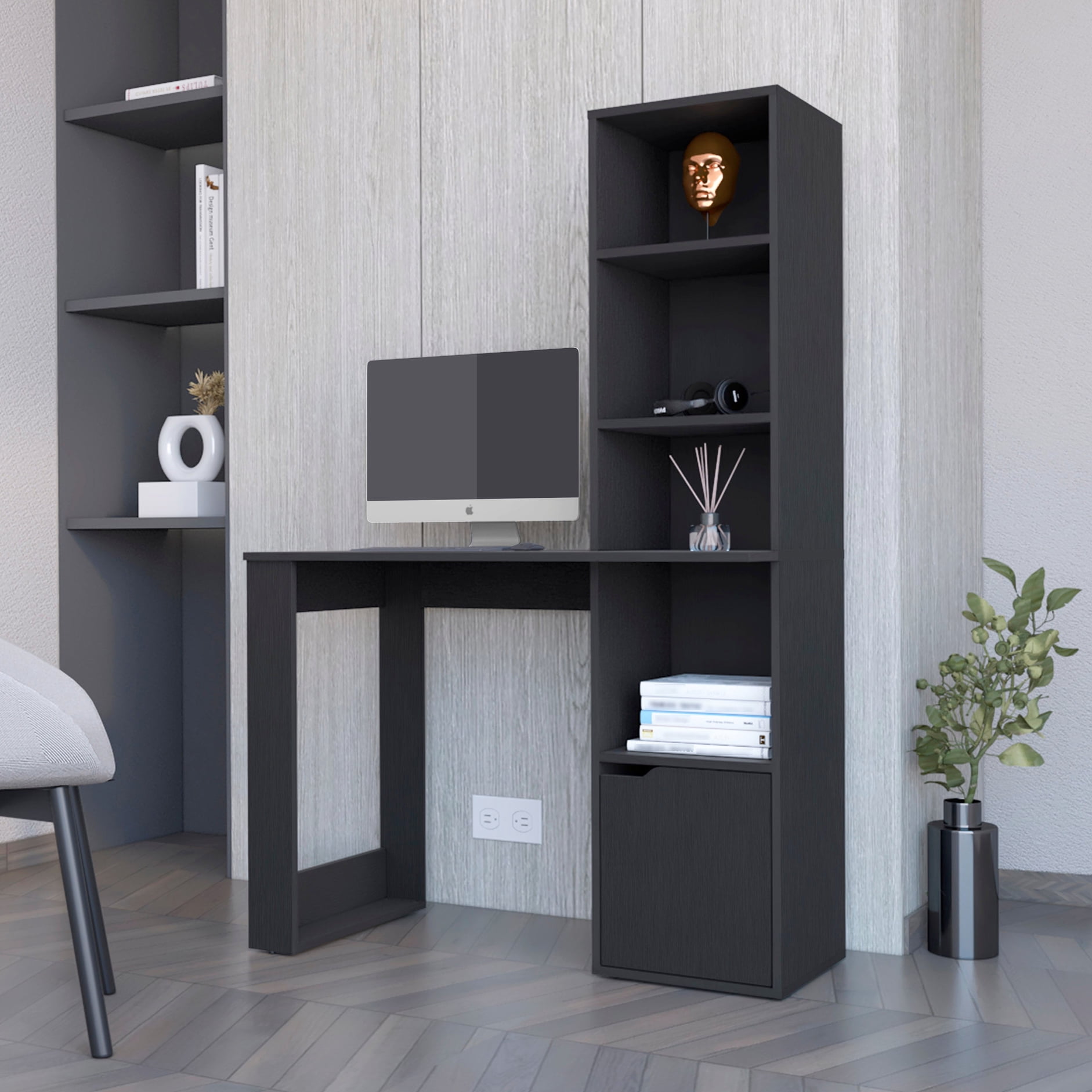 Computer Desk With 4 Bookcase And 1-door Cabinet In Sophisticated Black ...