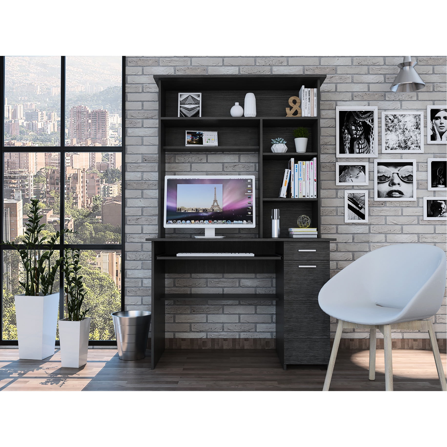 Computer Desk With 7 Shelf - Oak, 2 Drawers, Streamline Your Office And ...