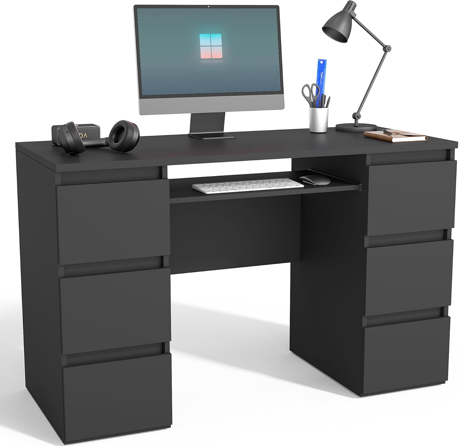 Computer Desk With Drawers, Black Writing Table for Bedroom, Modern ...