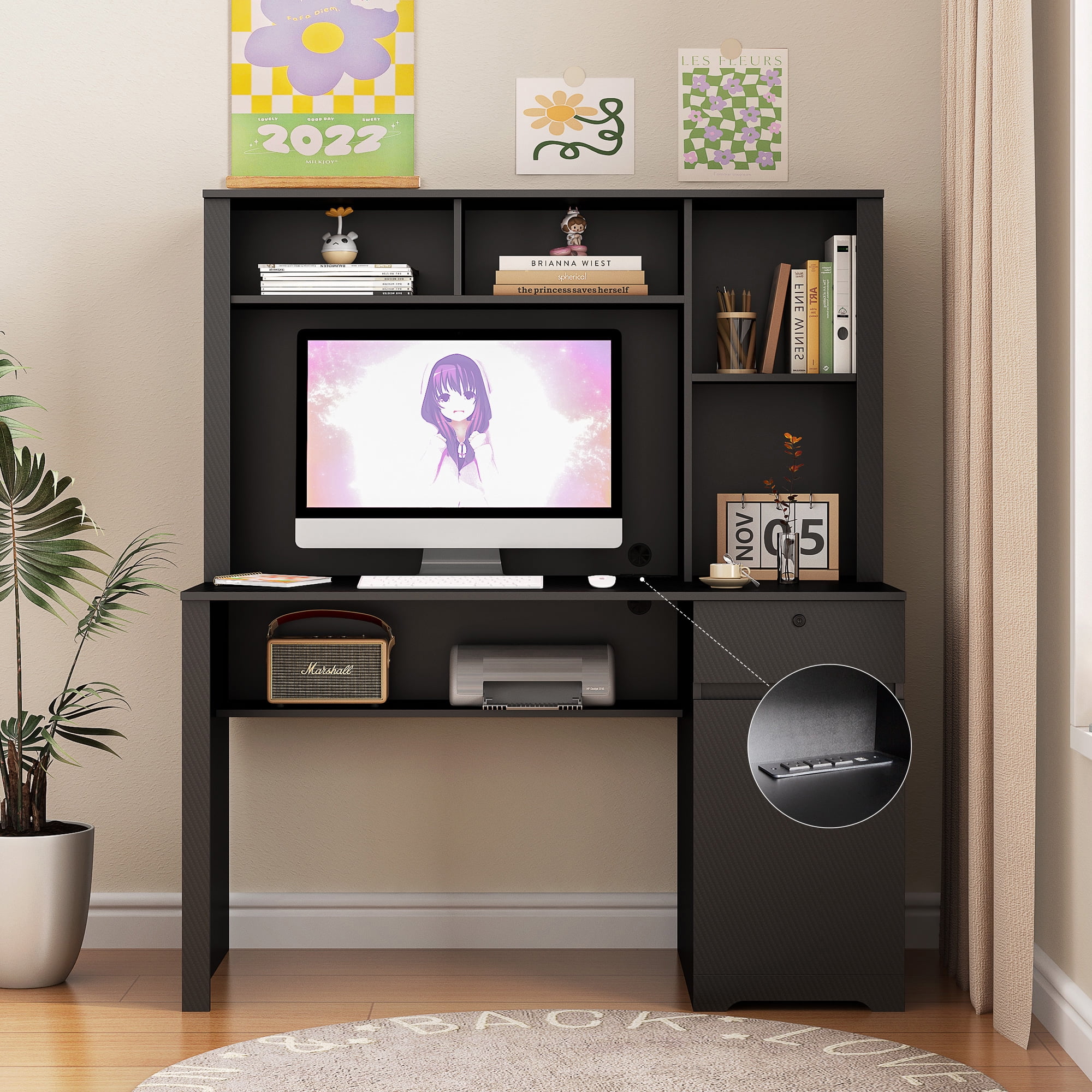 Computer Desk With Hutch & Bookshelf,Wood Executive Desk Teens Student ...