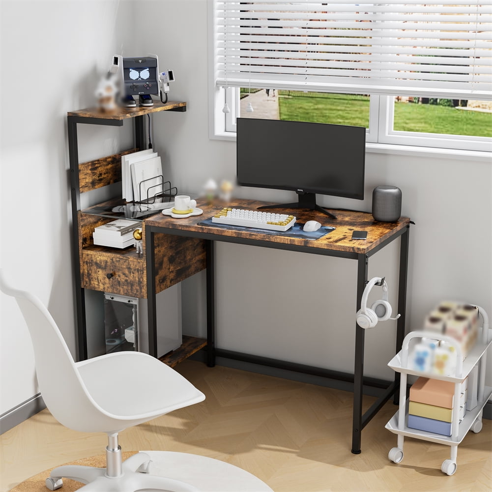 Computer Desk With Power Outlet And Reversible Storage Shelves, Study ...