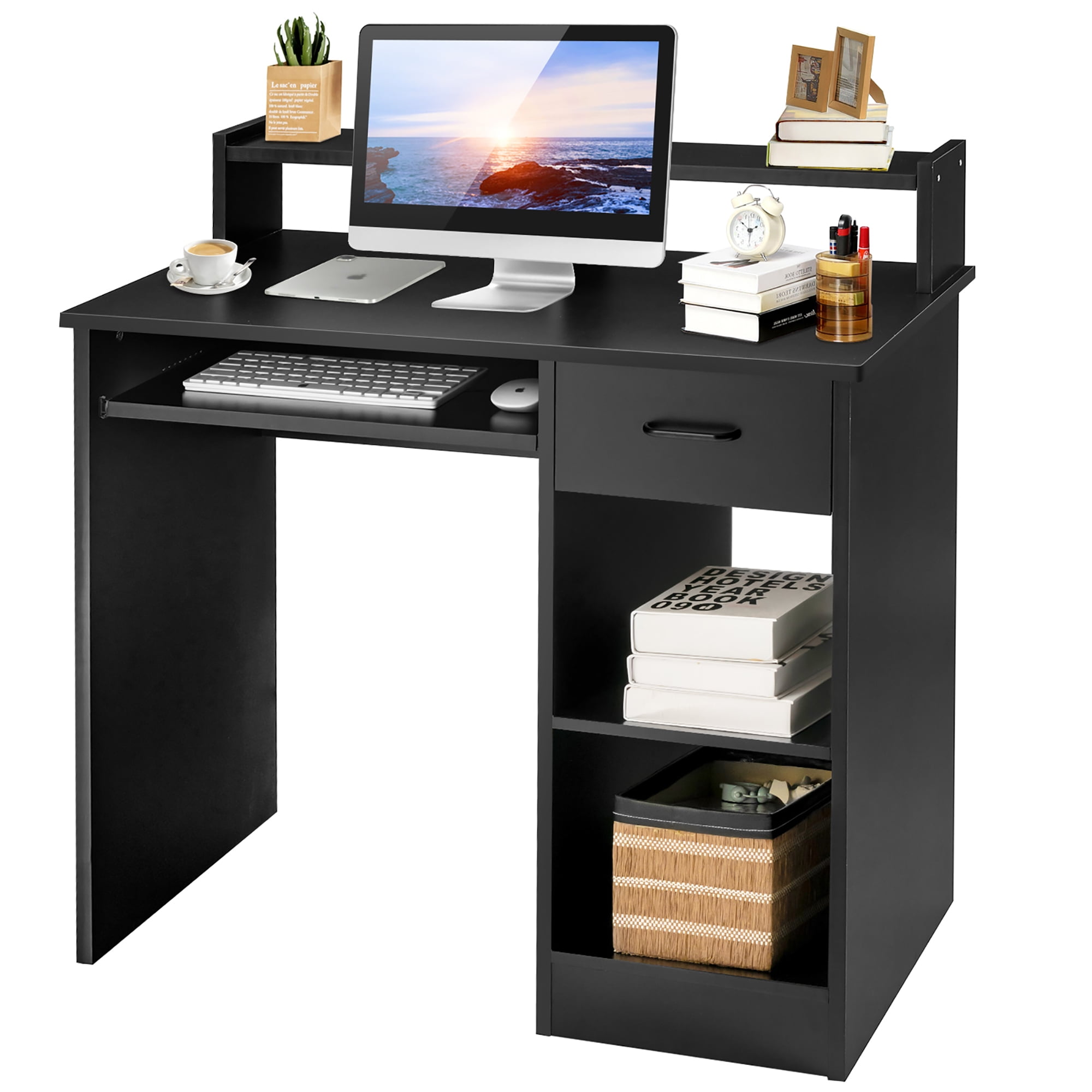 Computer Tall Wooden Desk with Hutch and 2-Tier Open Storage Shelves ...