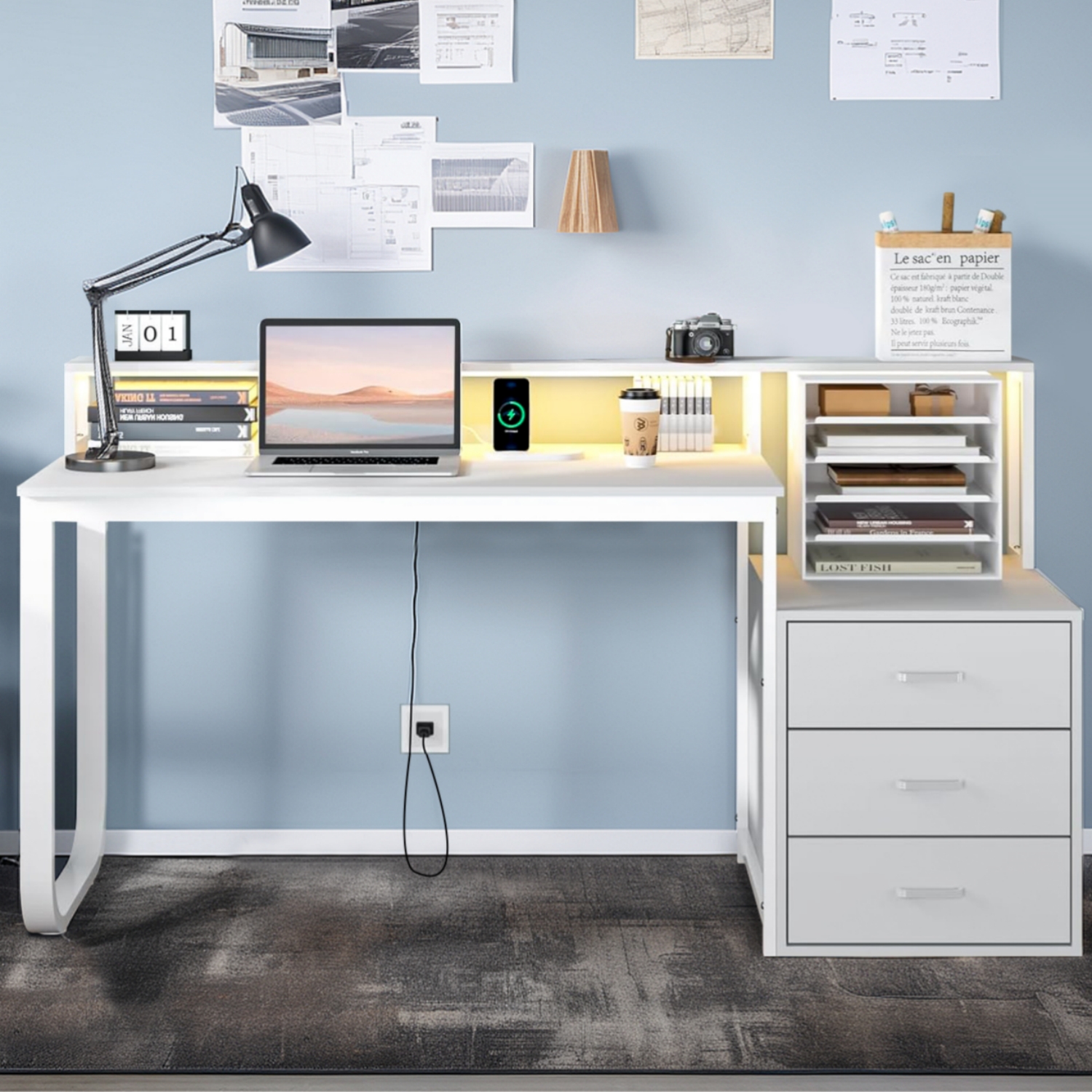 Inval Computer Desk with Swing-Out Storage, Larcinia-White ...