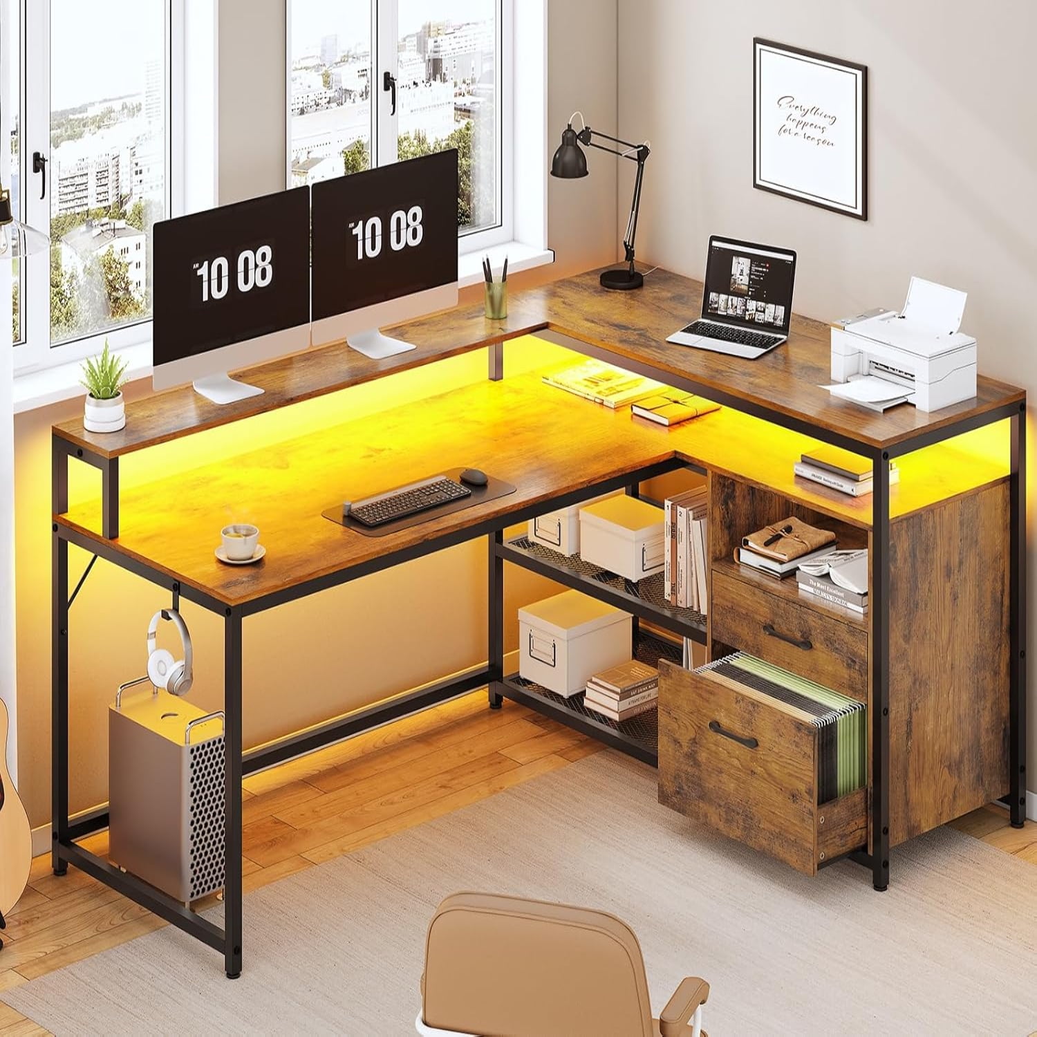 Computer Desk With Drawers 55 Home Office Desk With File Drawer And Shelves L Shaped Gaming