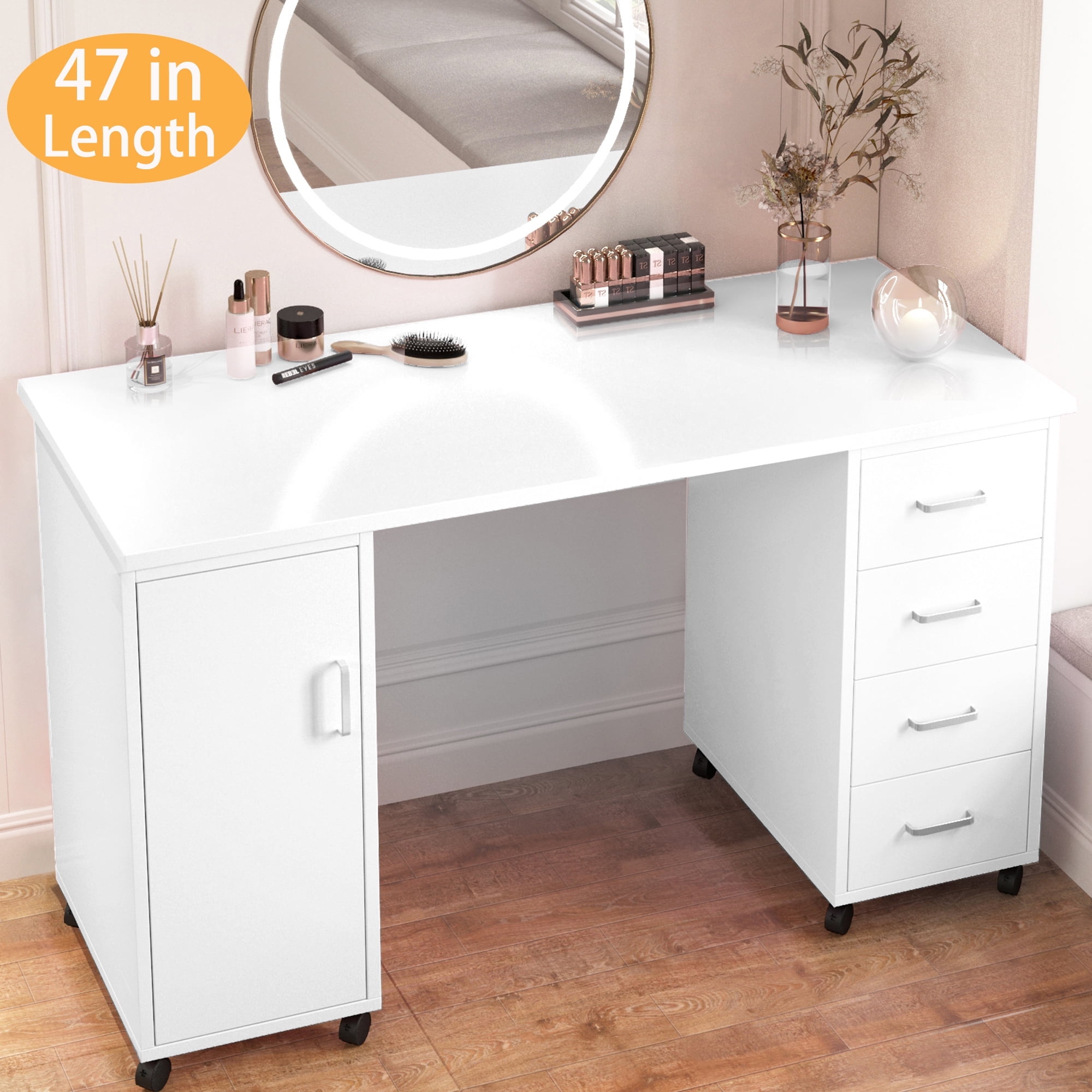White Wood Rolling Desk with Drawers, 47.2in Office Study Desk, Ideal ...