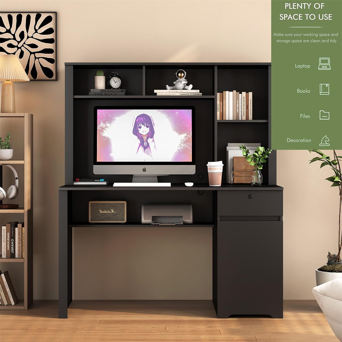 Computer Desk with Hutch & Bookshelf, Executive Desk with Drawers, 3 AC ...