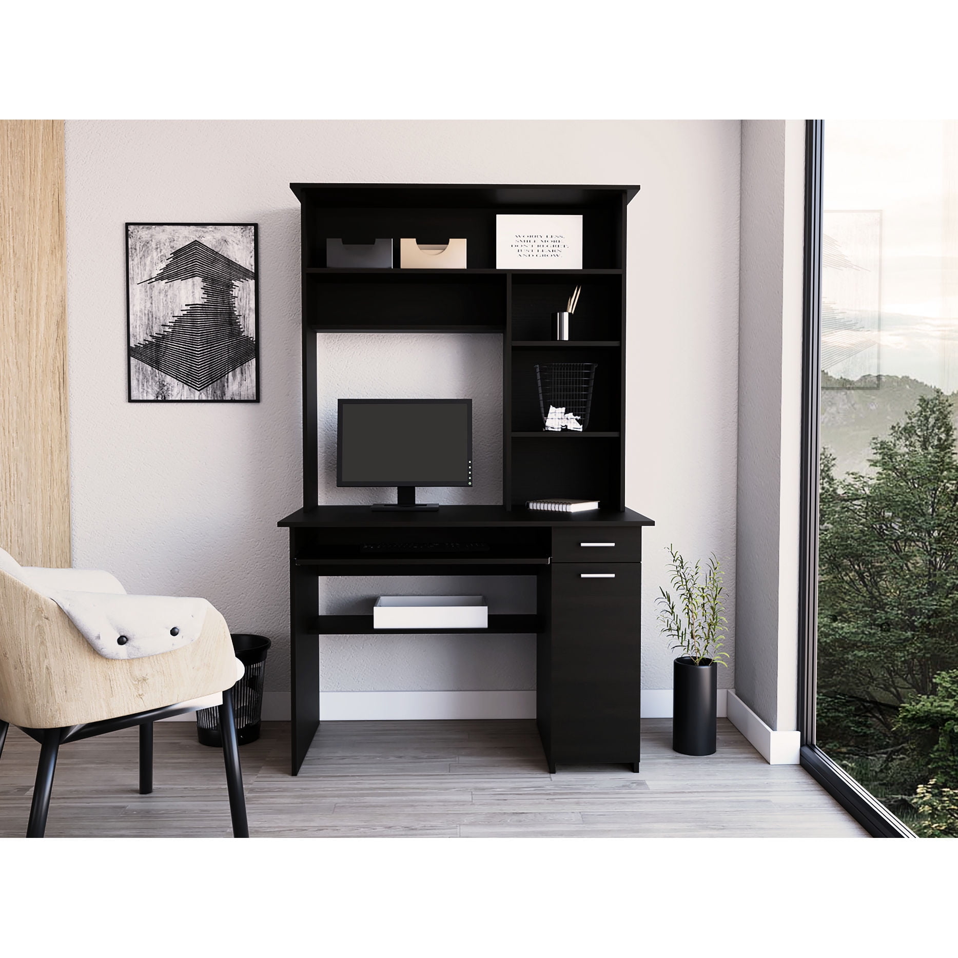Computer Desk with Hutch | Covered Door Panel for CPU Tower | Solid ...