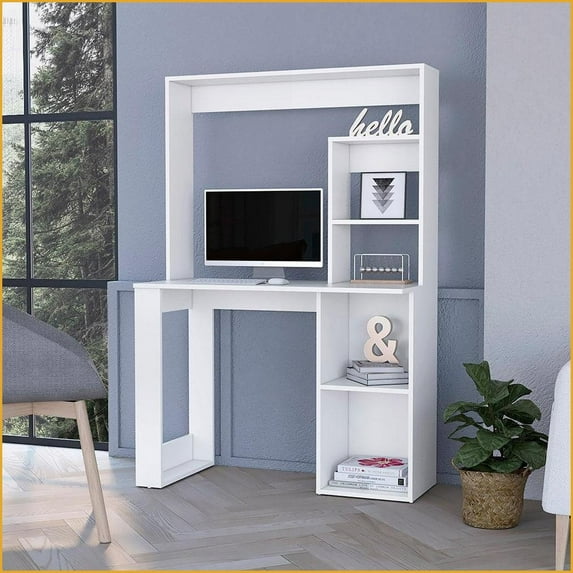 Computer Desk with Hutch & Storage Shelves, Modern White Workstation ...