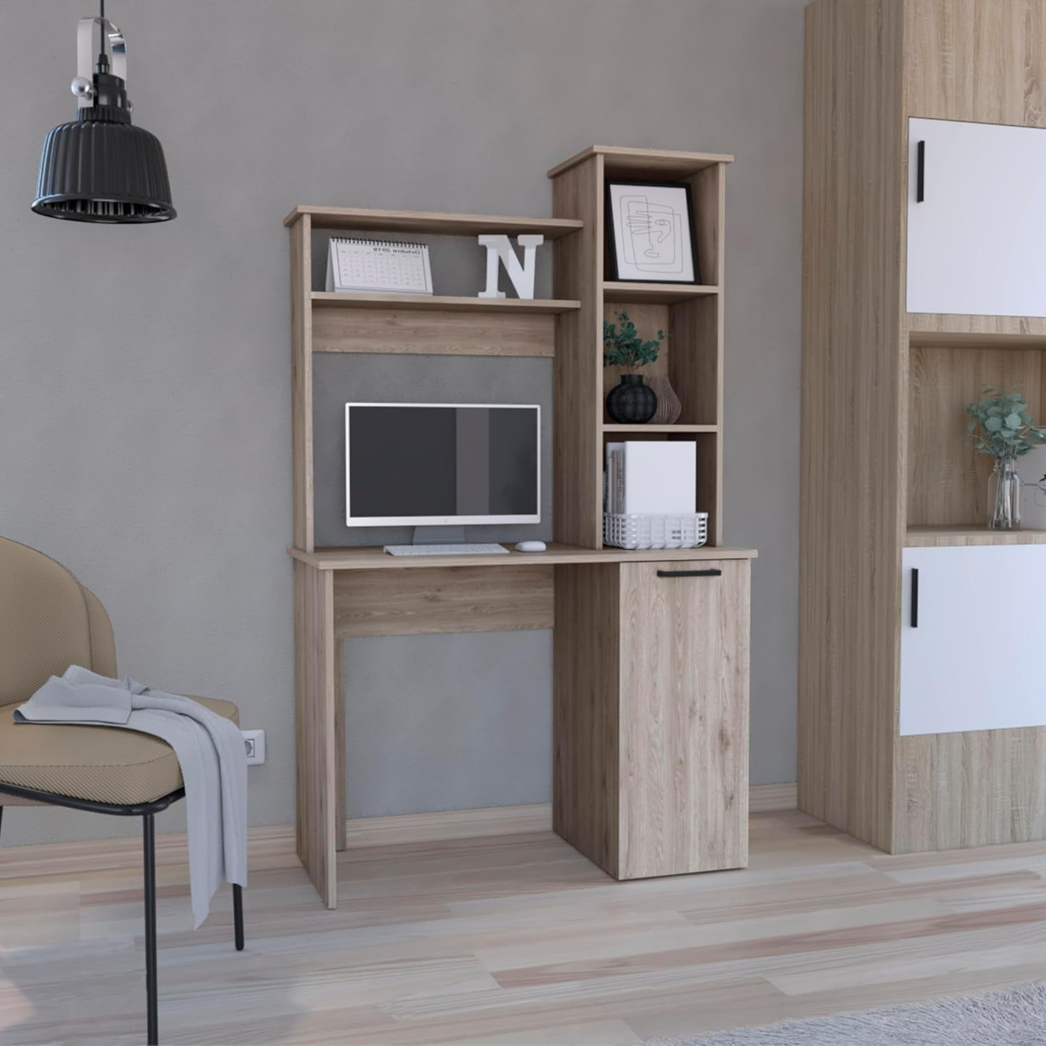 Computer Desk with Hutch and Single Door Cabinet, Expansive Work ...