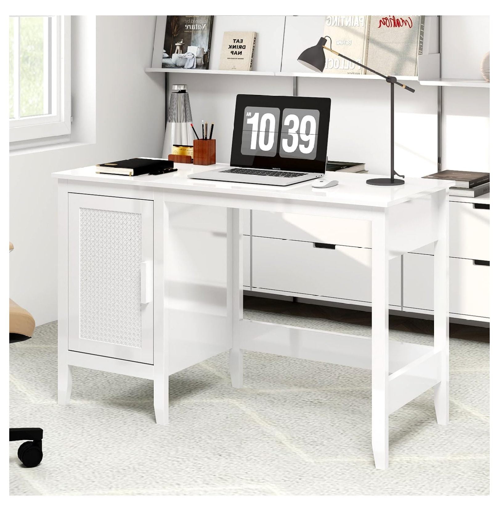 Computer Desk with Storage Cupboard,47'' White Wood Home Office Desk ...