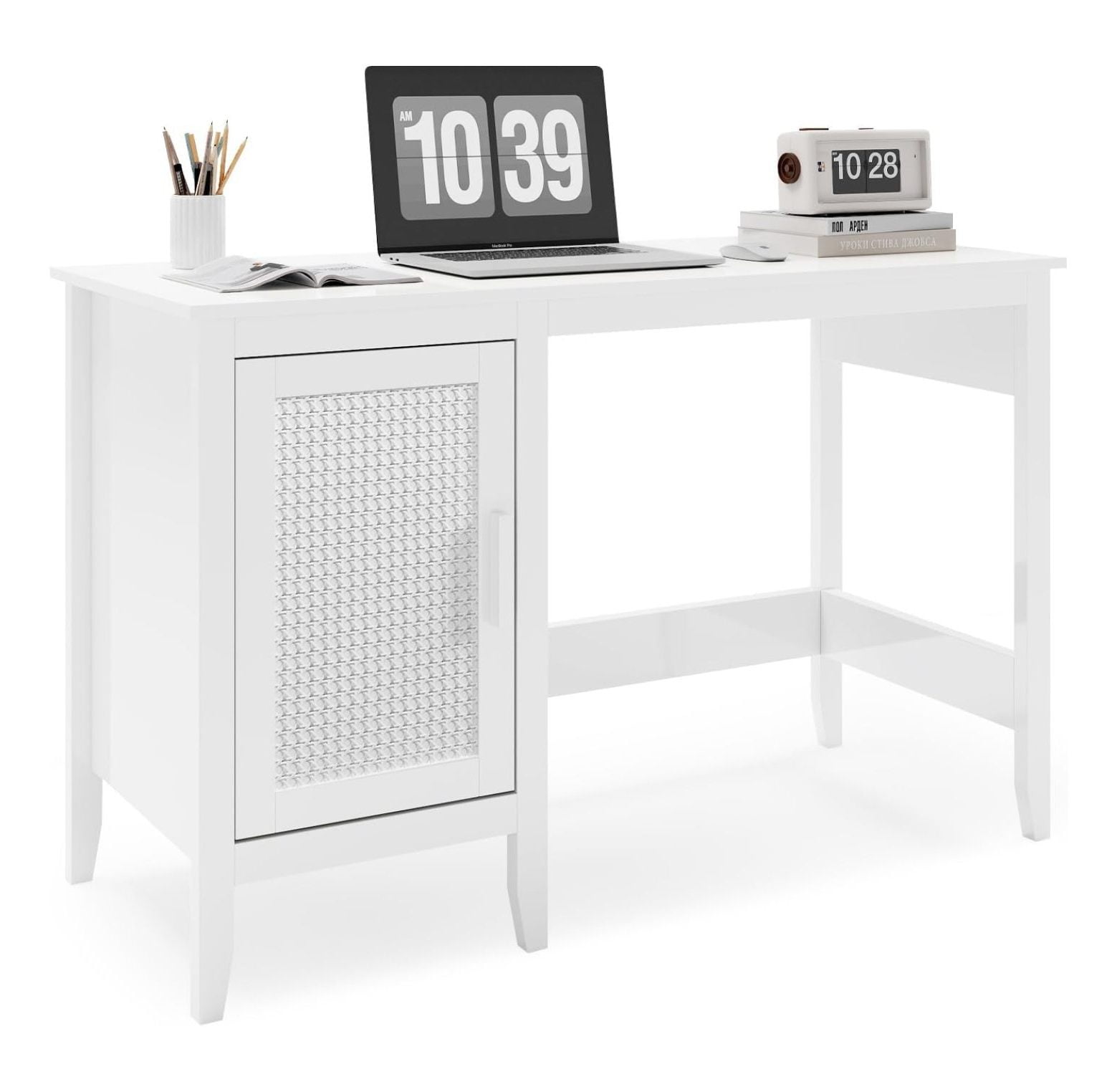 Computer Desk with Storage Cupboard,47'' White Wood Home Office Desk ...