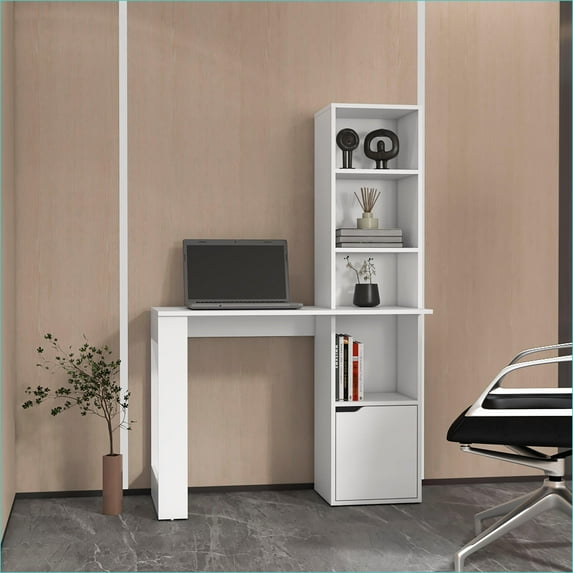 Computer Desks, White Transitional Desk with 4-Tier Bookcase & 1-Door ...