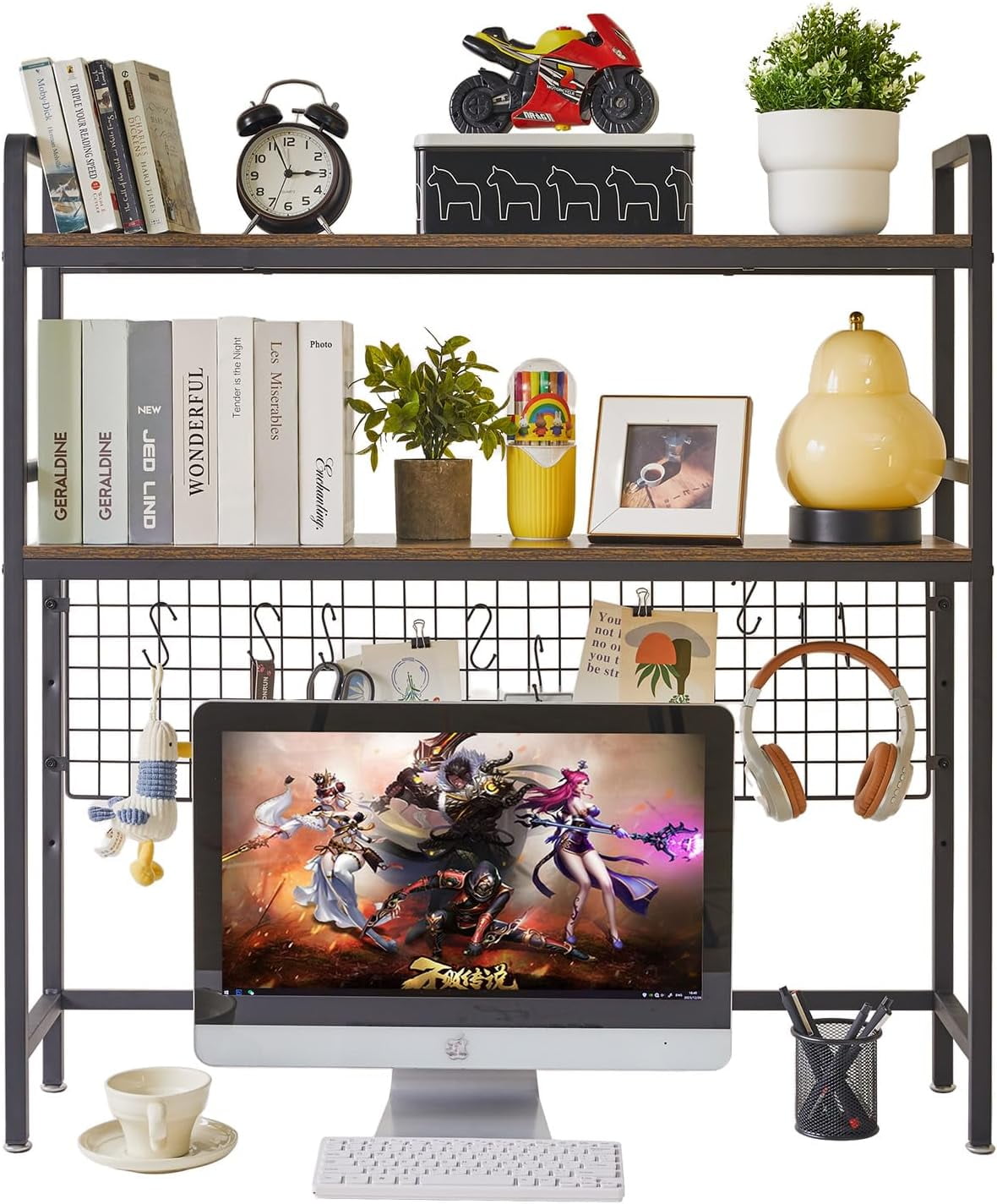 Computer Desktop Bookcase 2-Tier 37.5 Inch Multipurpose Wood Desk Hutch ...