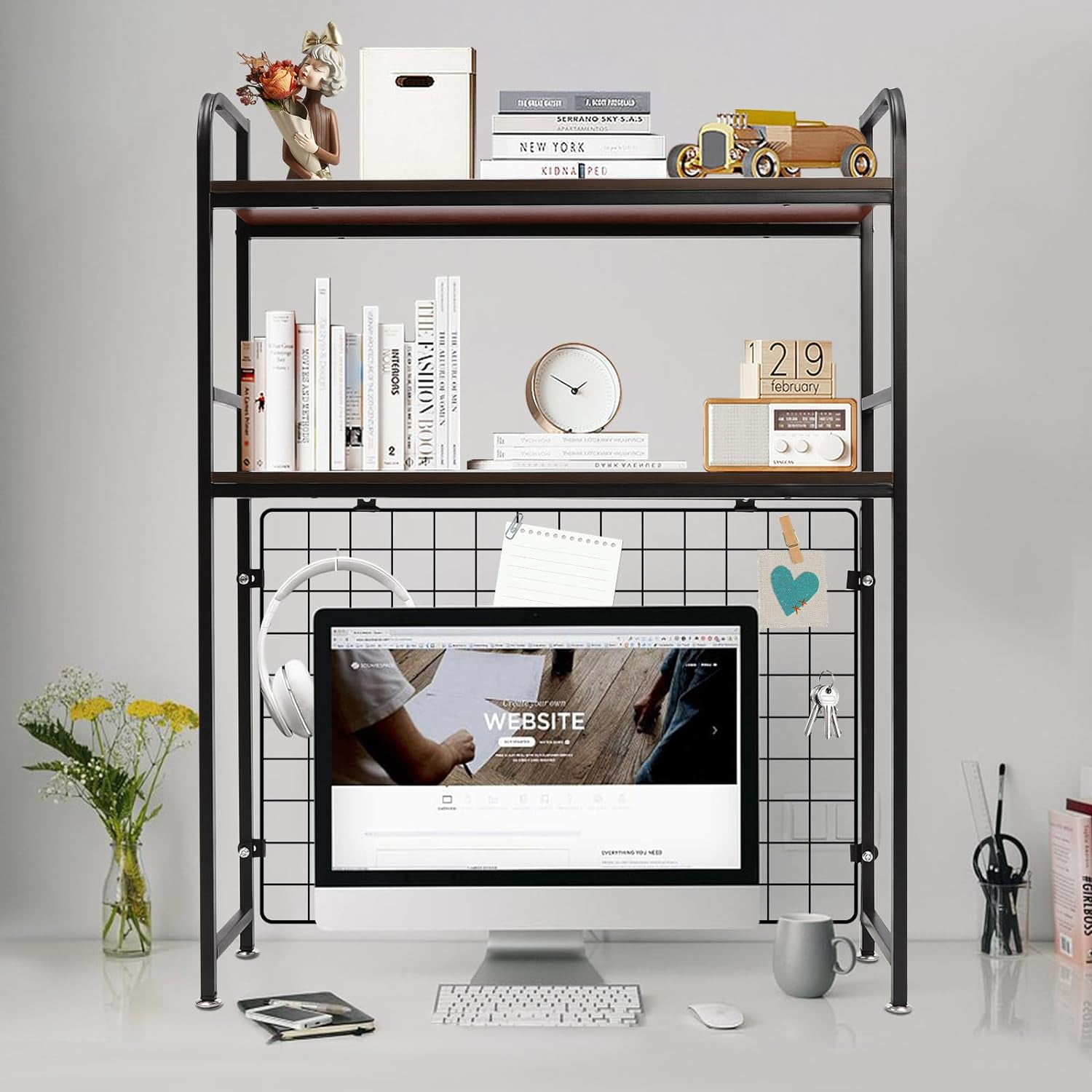 Computer Desktop Bookcase, 2-Tier Metal Storage Shelf for Computer Desk ...