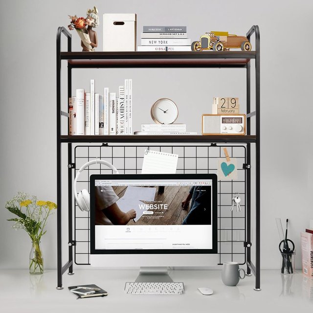 Computer Desktop Bookcase, 2-Tier Metal Storage Shelf for Computer Desk ...