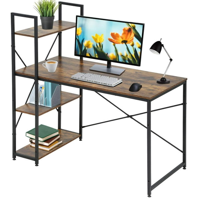 Computer Gaming Desk with 4-Tier Shelves, Industrial Wood Office ...
