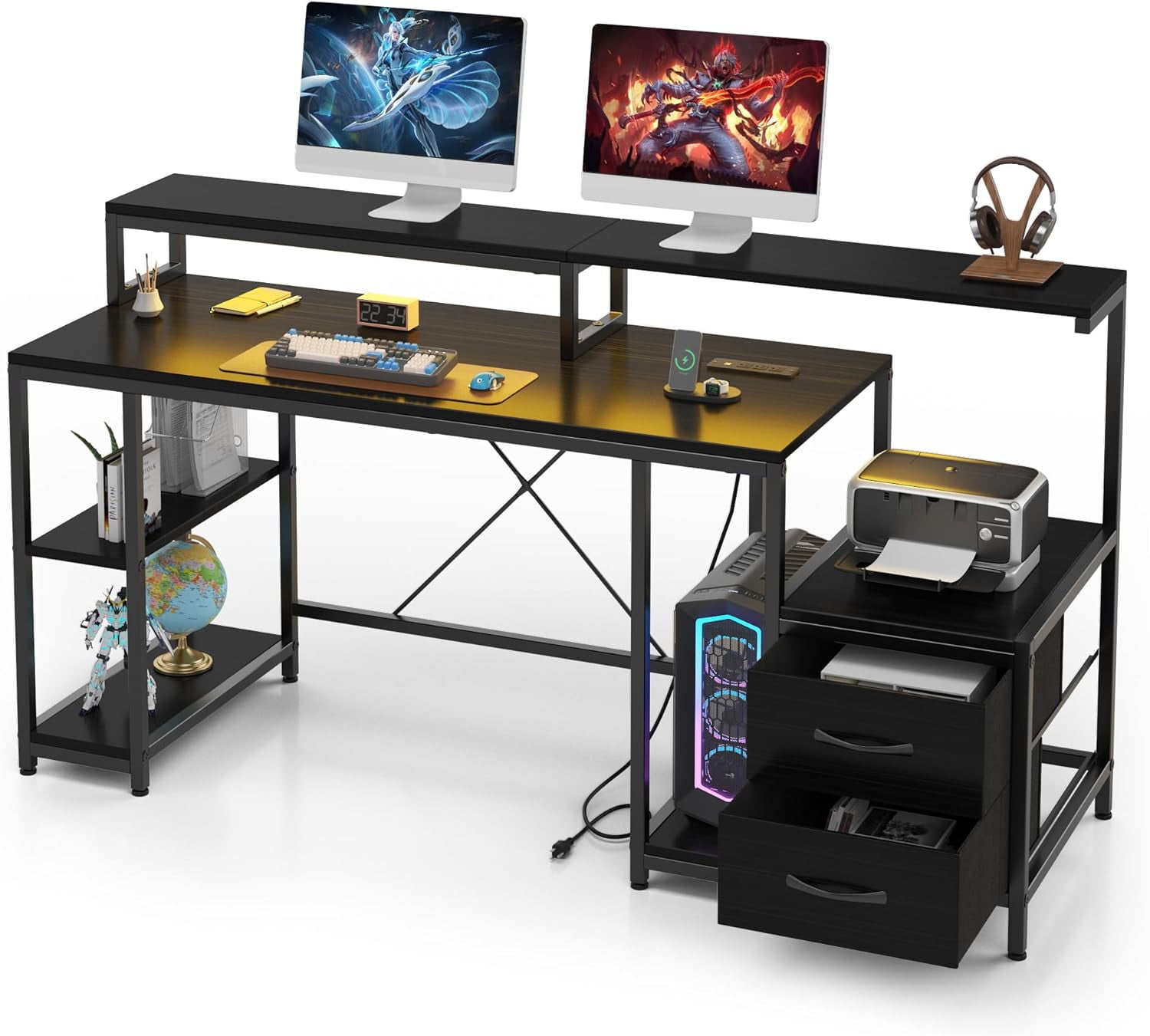Computer Gaming Desk with File Drawers, 63'' Home Office Desk with ...