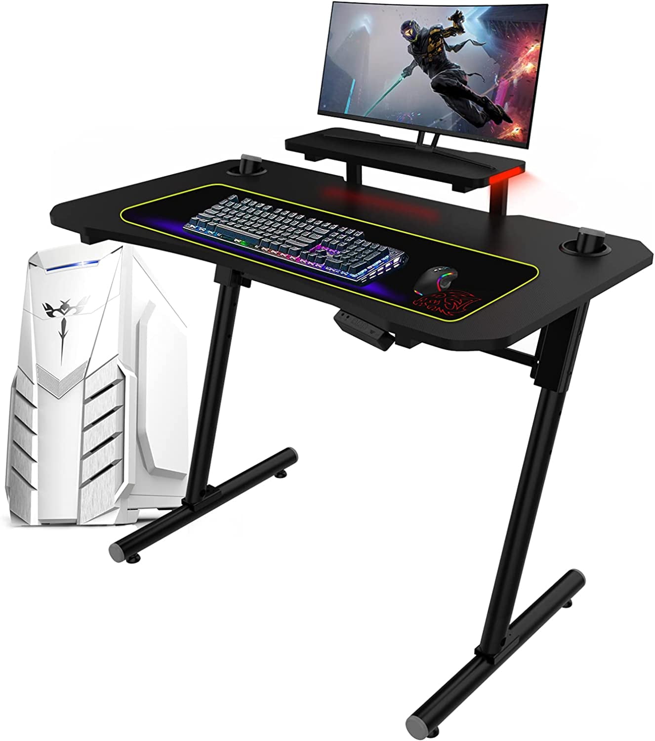 Computer Gaming Desk with LED Lights Monitor Stand Shelf 41 Inch ...