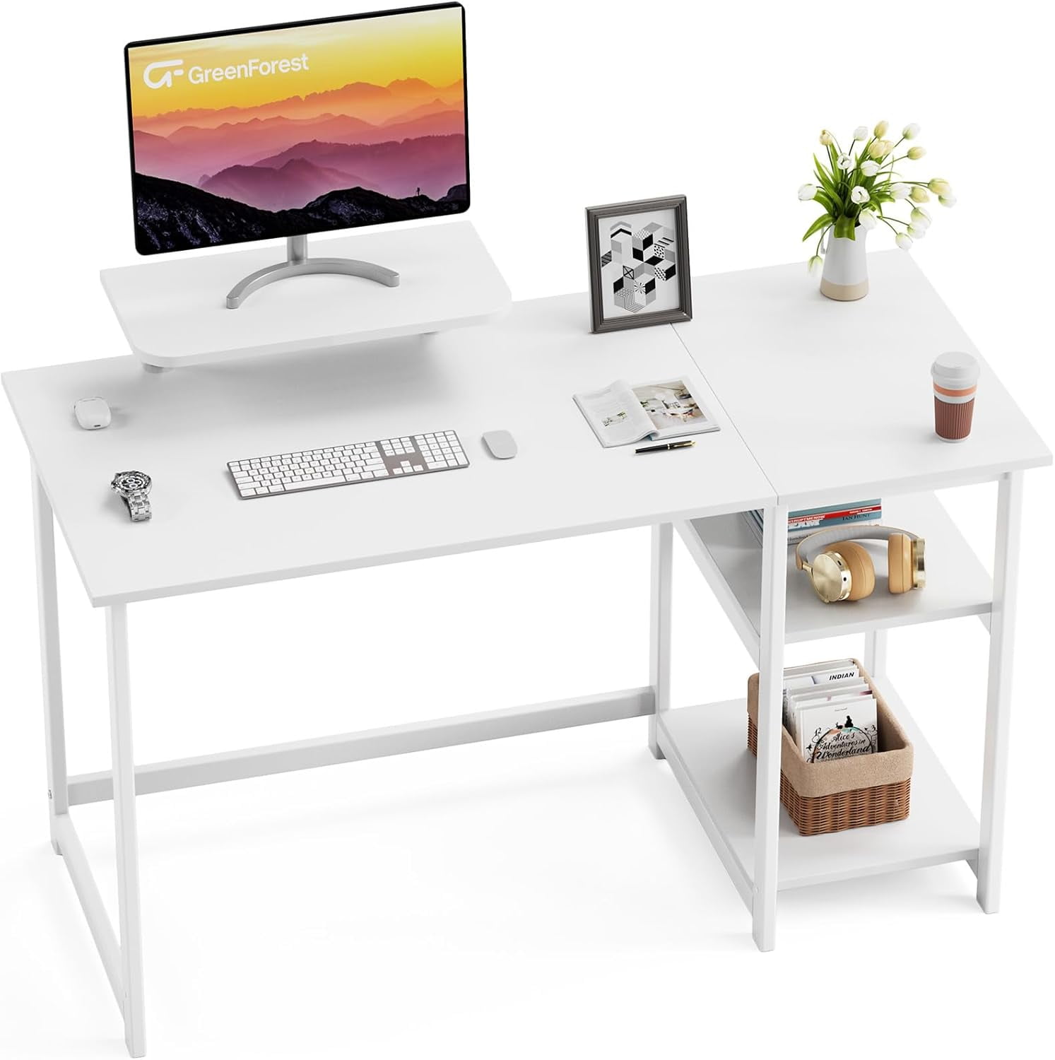 Computer Home Office Desk with Monitor Stand and Storage Shelves on ...