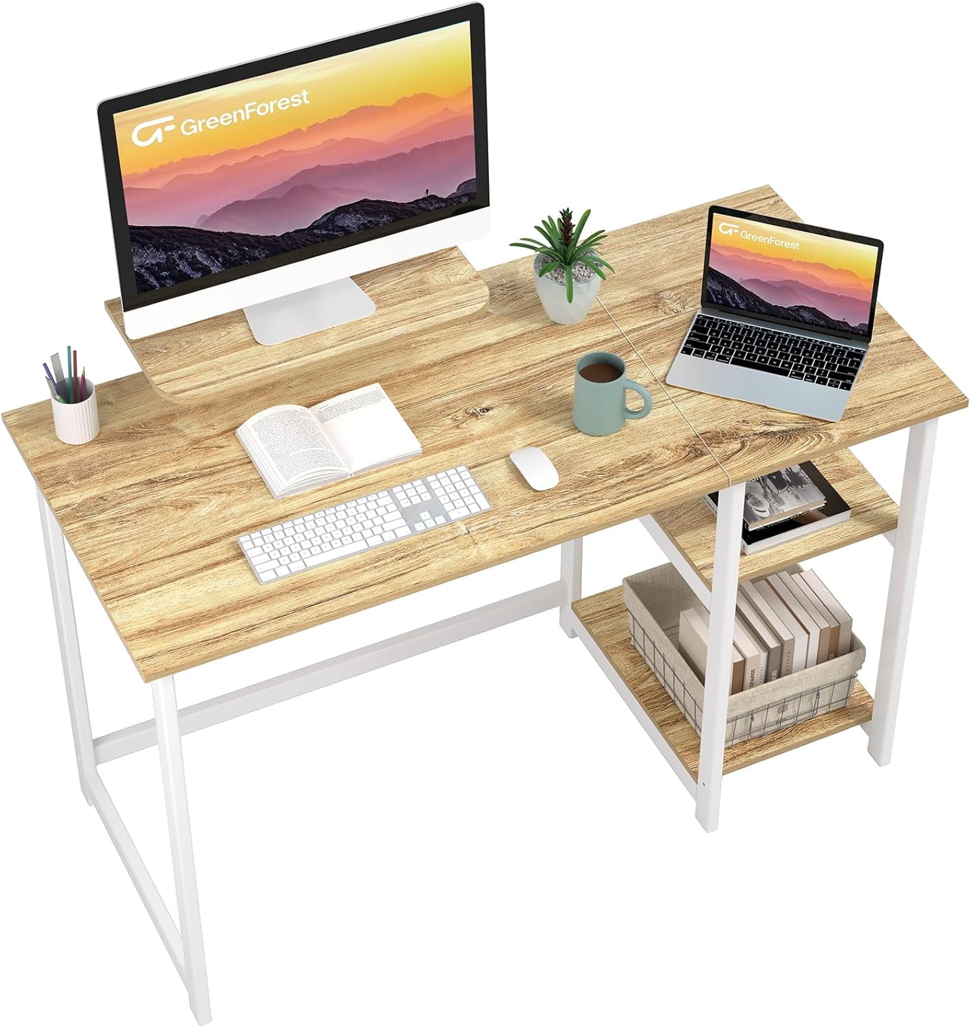 Computer Home Office Desk with Monitor Stand and Storage Shelves on ...