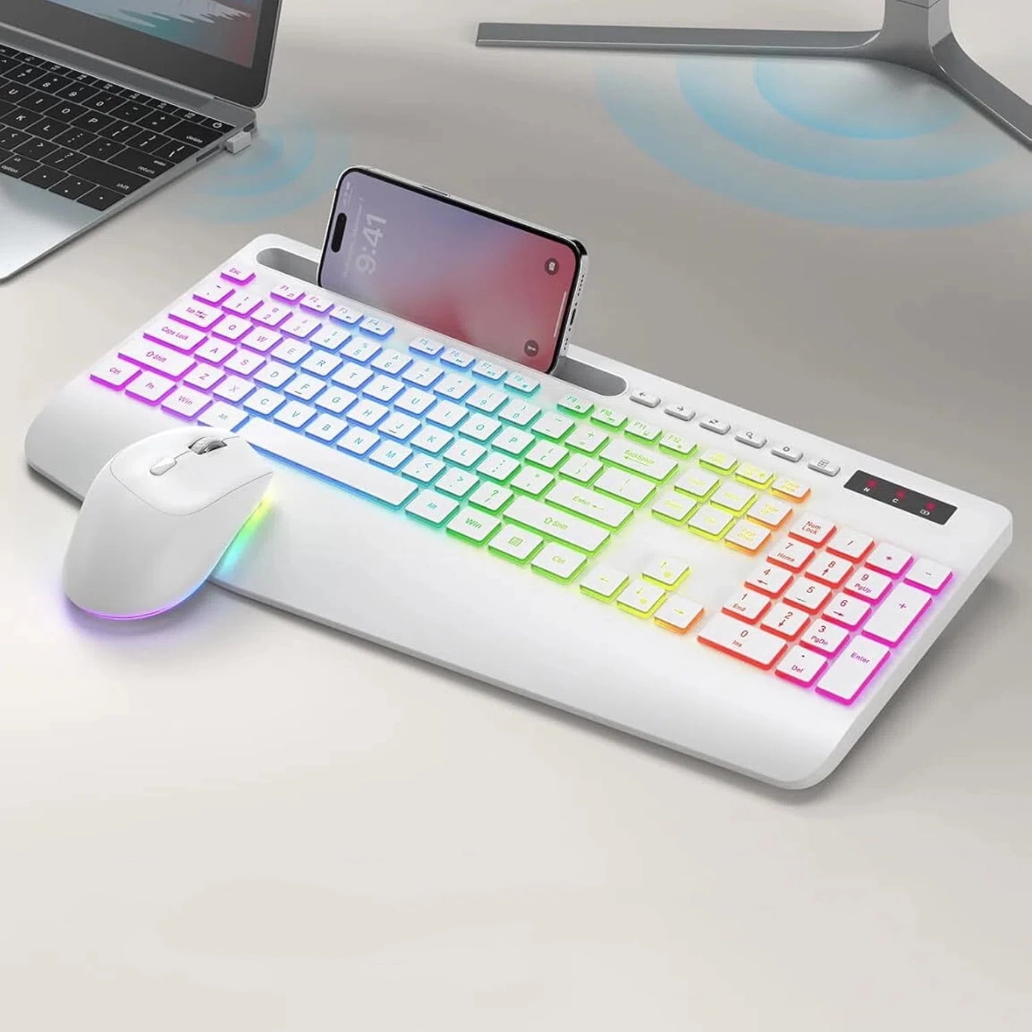Wireless Keyboard and Mouse Combo with 9 Backlit, Wrist Rest & Phone ...