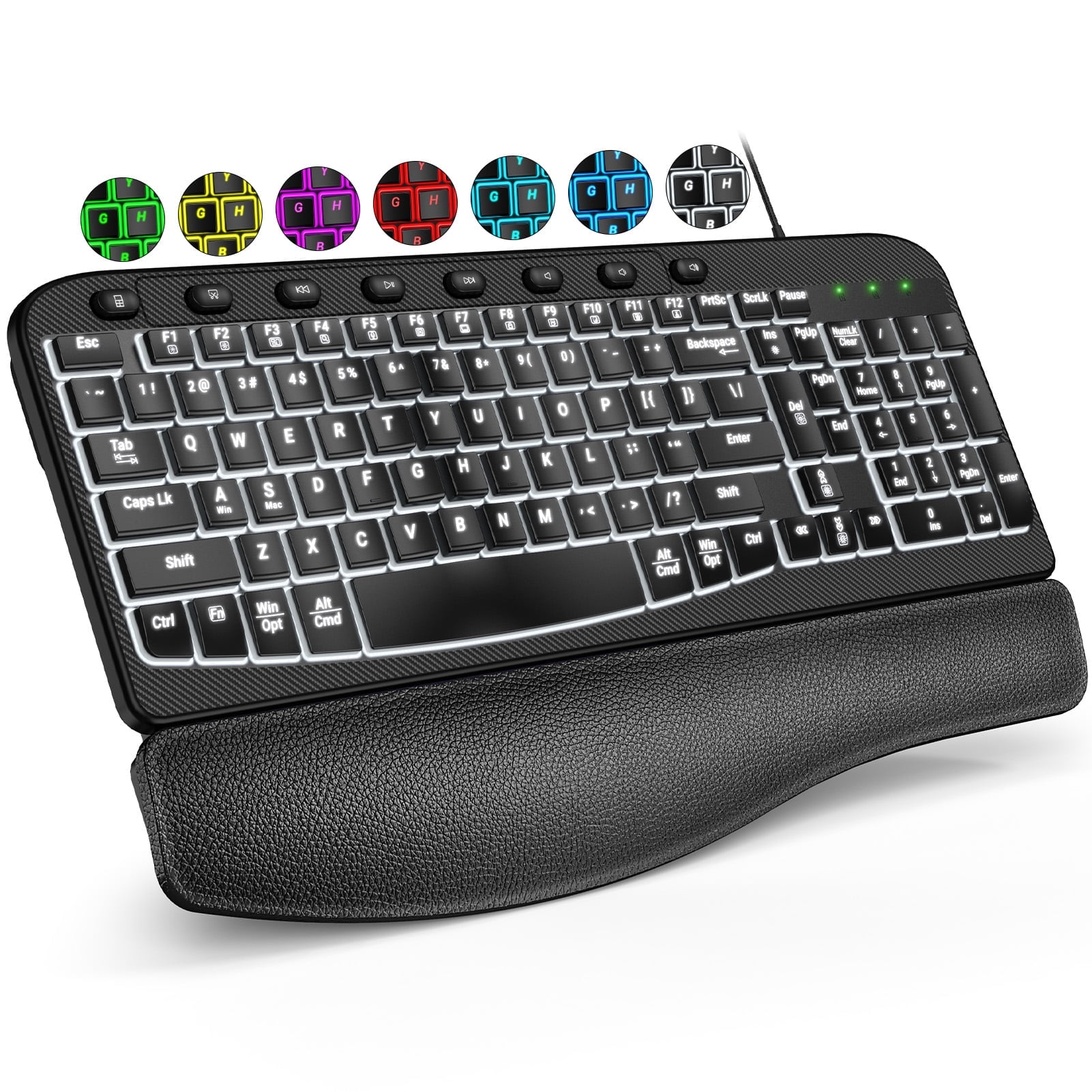 Ergonomic Backlit Keyboard Wired with Cushioned Wrist & Palm Rest, 7 ...