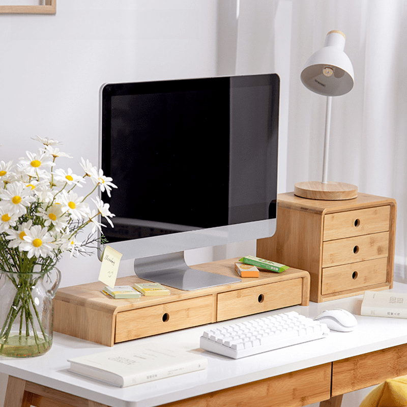 Computer Monitor Elevated Shelf Bamboo Desktop Storage with Drawer ...