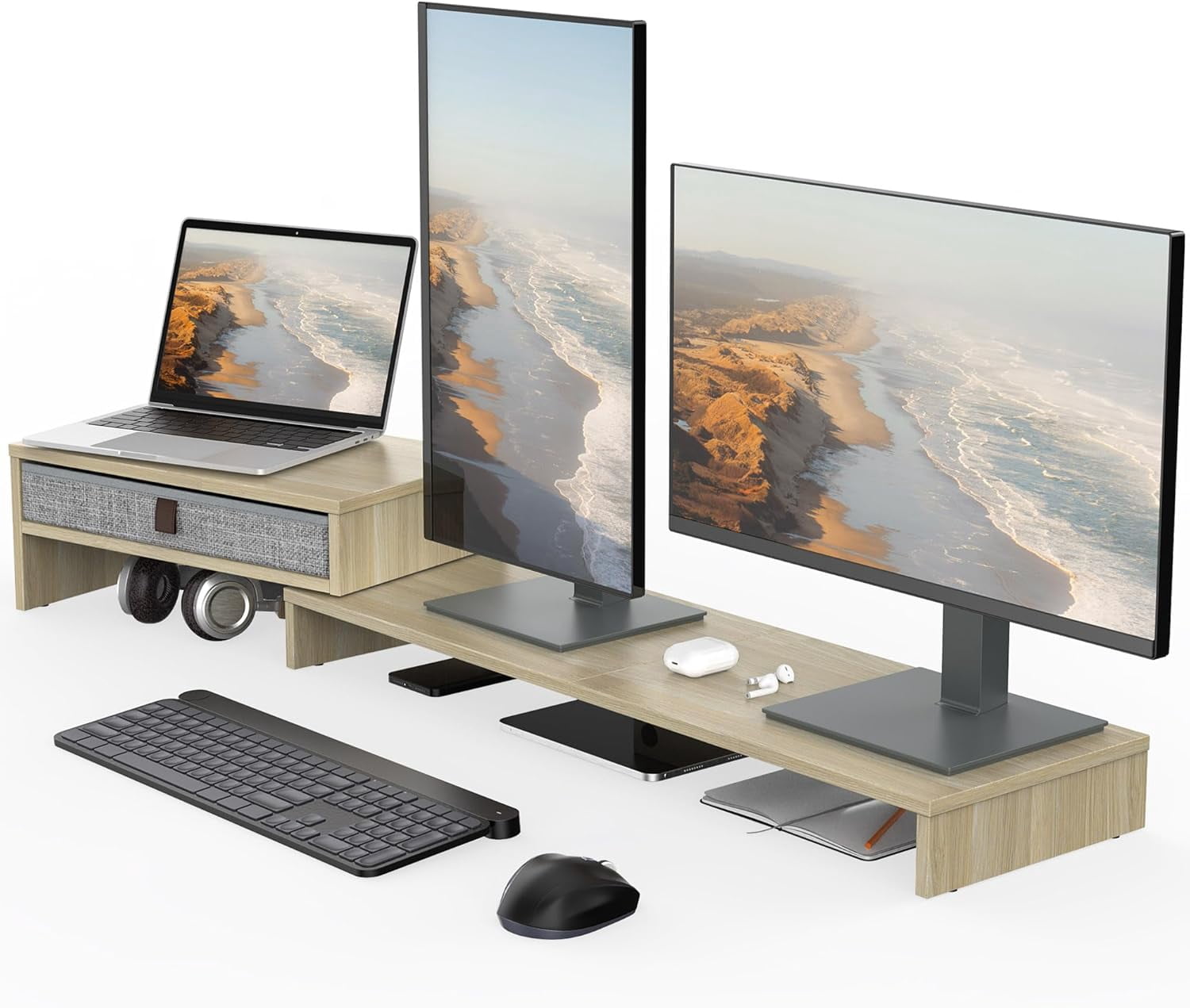 Oak Computer Monitor Riser Stand with Drawer, Adjustable Length Angle ...