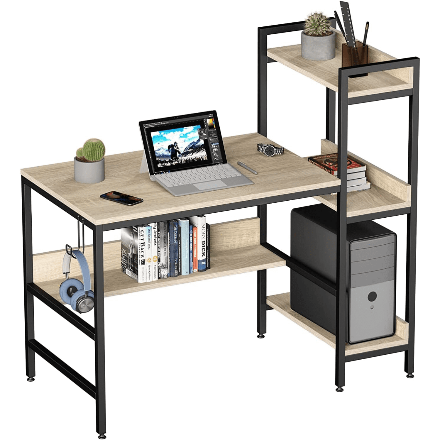 Computer Office Desk with Steel Frame Reversible Book Shelves Headphone ...