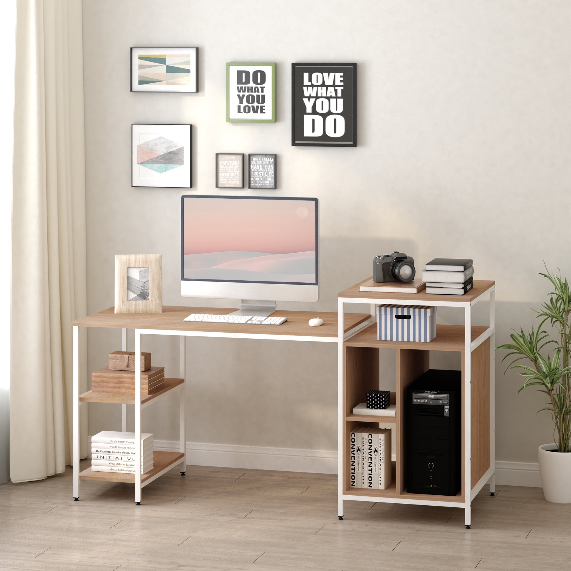 Computer Table with Shelves Home Office Desk Adjustable Feet, Wood ...