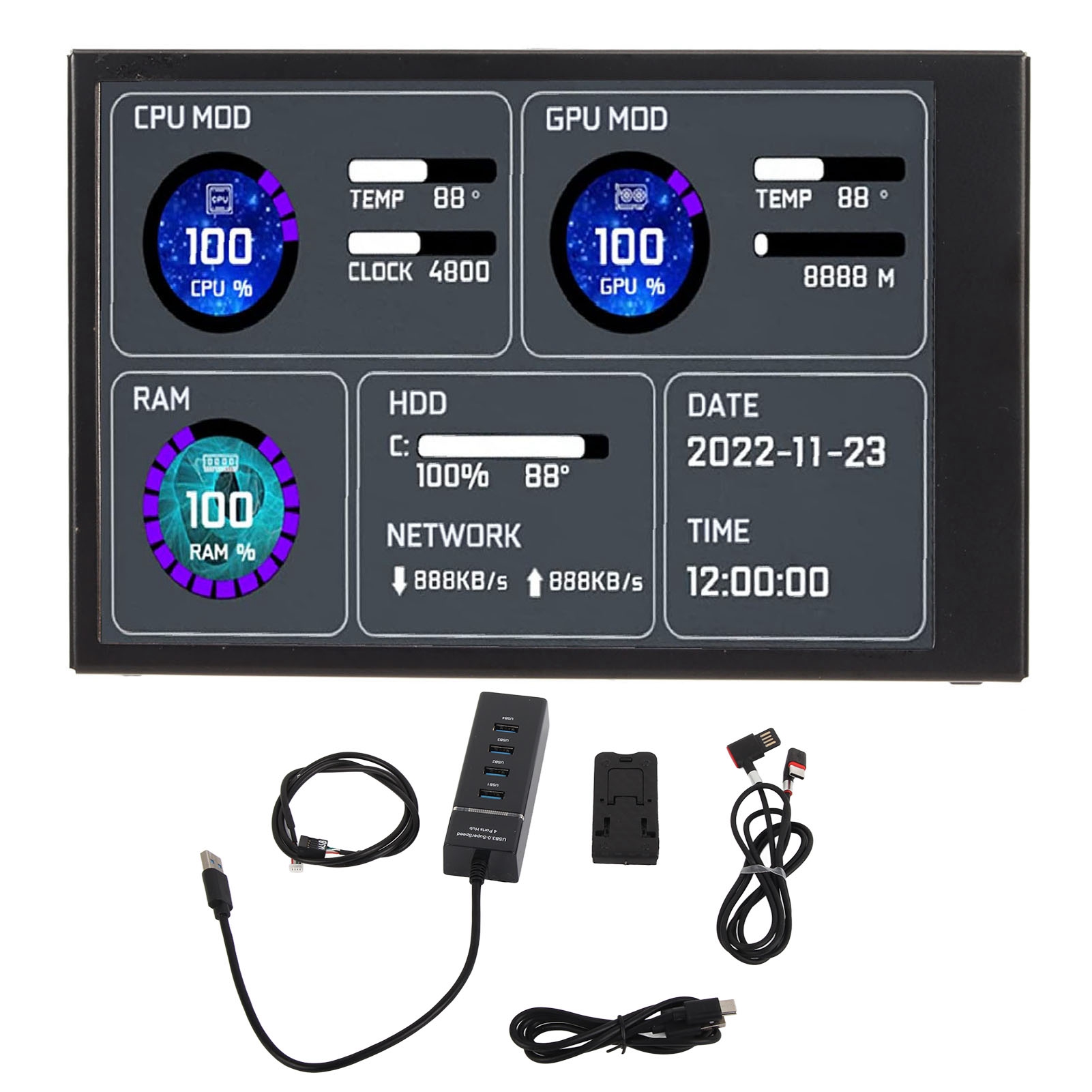 Computer Temp Monitor 3.5 Inch IPS Dual USB C Theme Editor Customizable ...