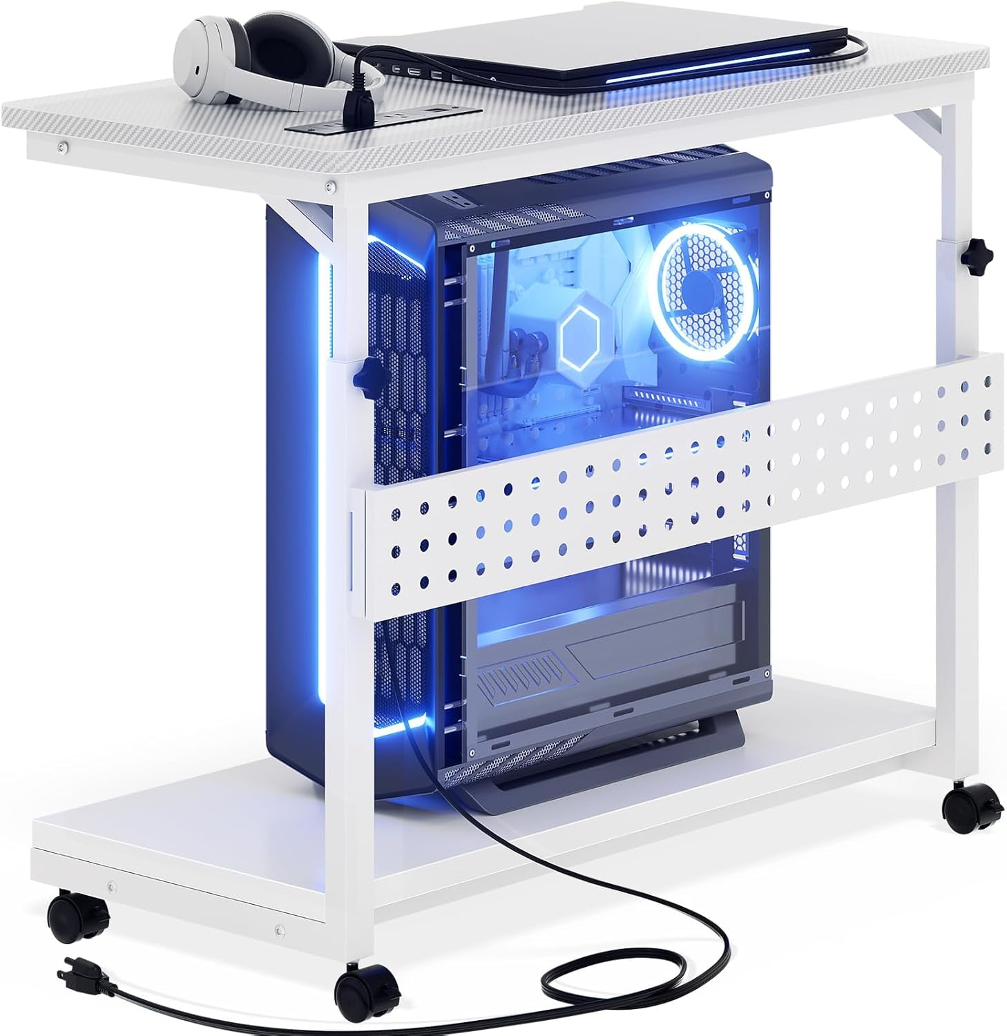 Computer Tower Stand with Power Strips, Height Adjustable PC Tower Cart ...