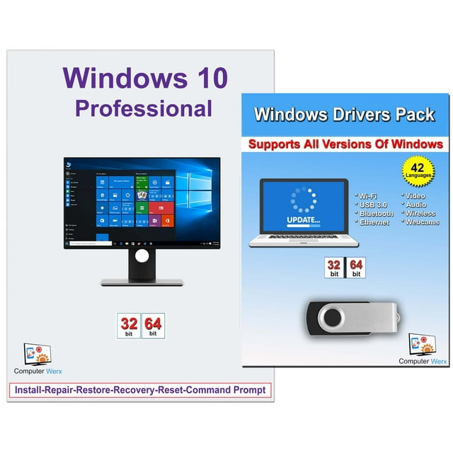 Computer Werx Windows 10 Professional 32/64 Bit Install Repair Restore Recovery USB with Key ...