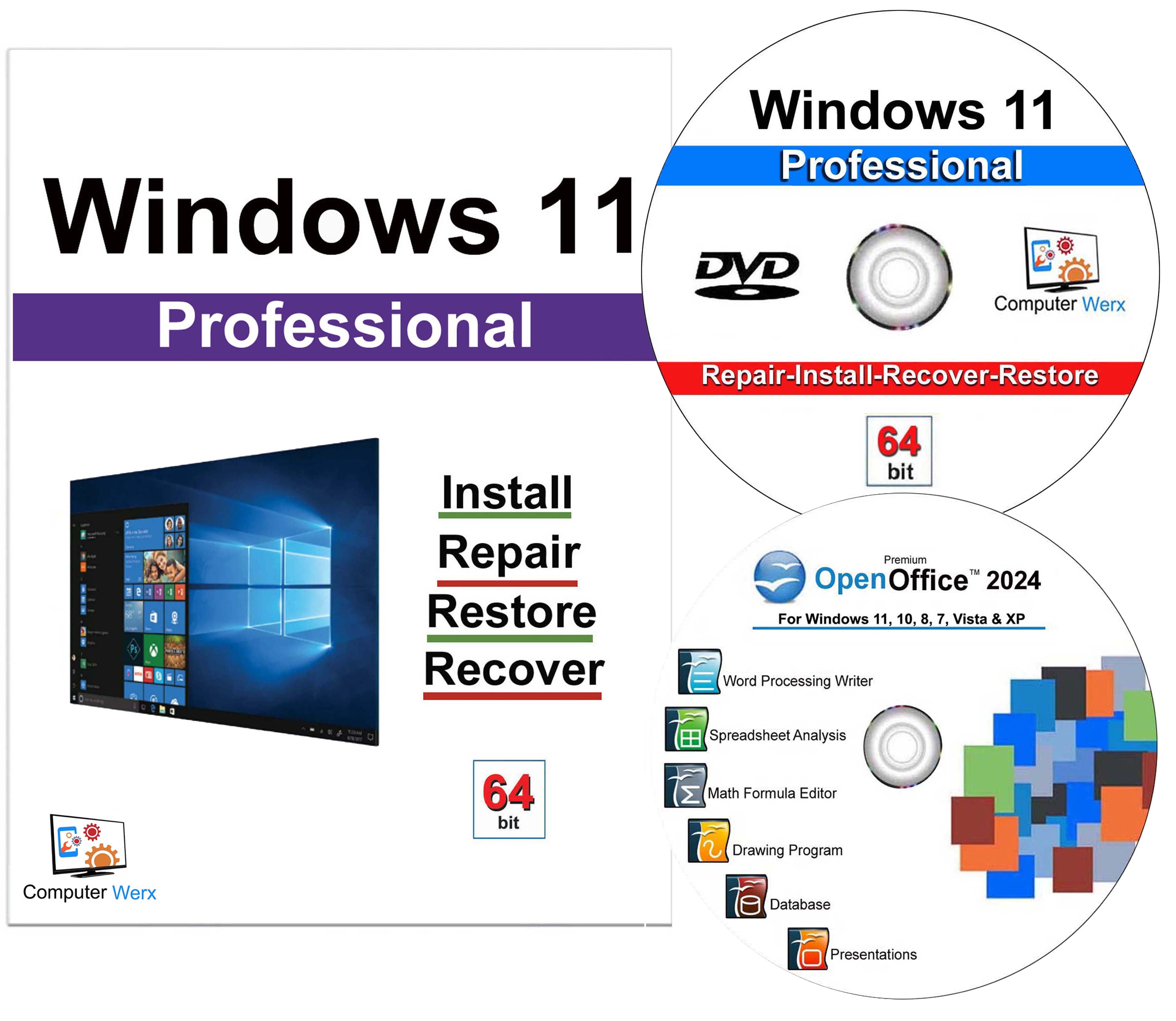 Computer Werx Windows 11 Pro Install Repair Restore Recover DVD with ...