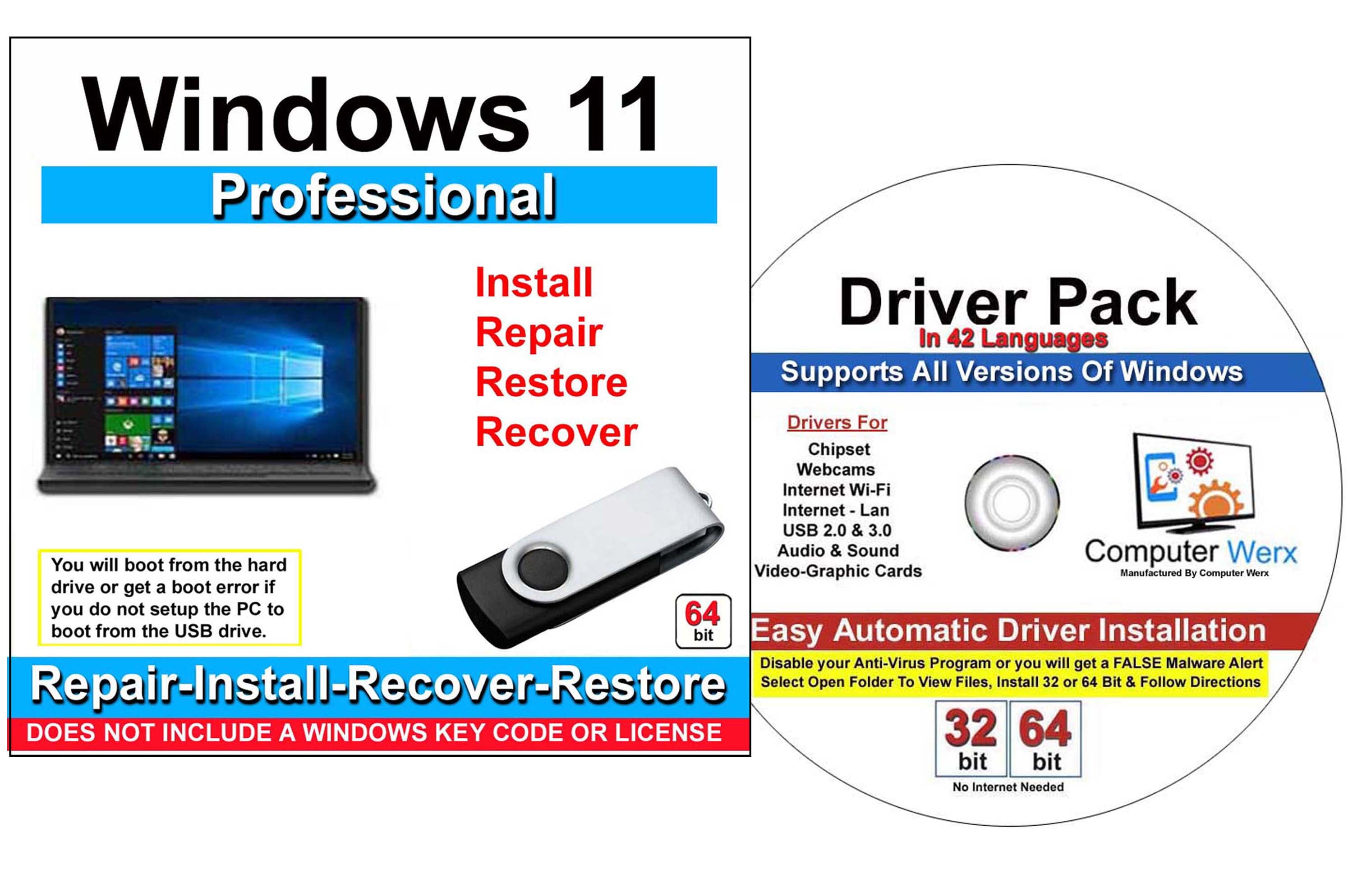 Computer Werx Win 11 Pro 64Bit Repair, Recover, Restore USB, UEFI Bios ...