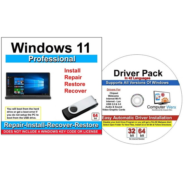 Computer Werx Win 11 Pro 64Bit Repair, Recover, Restore USB, UEFI Bios ...