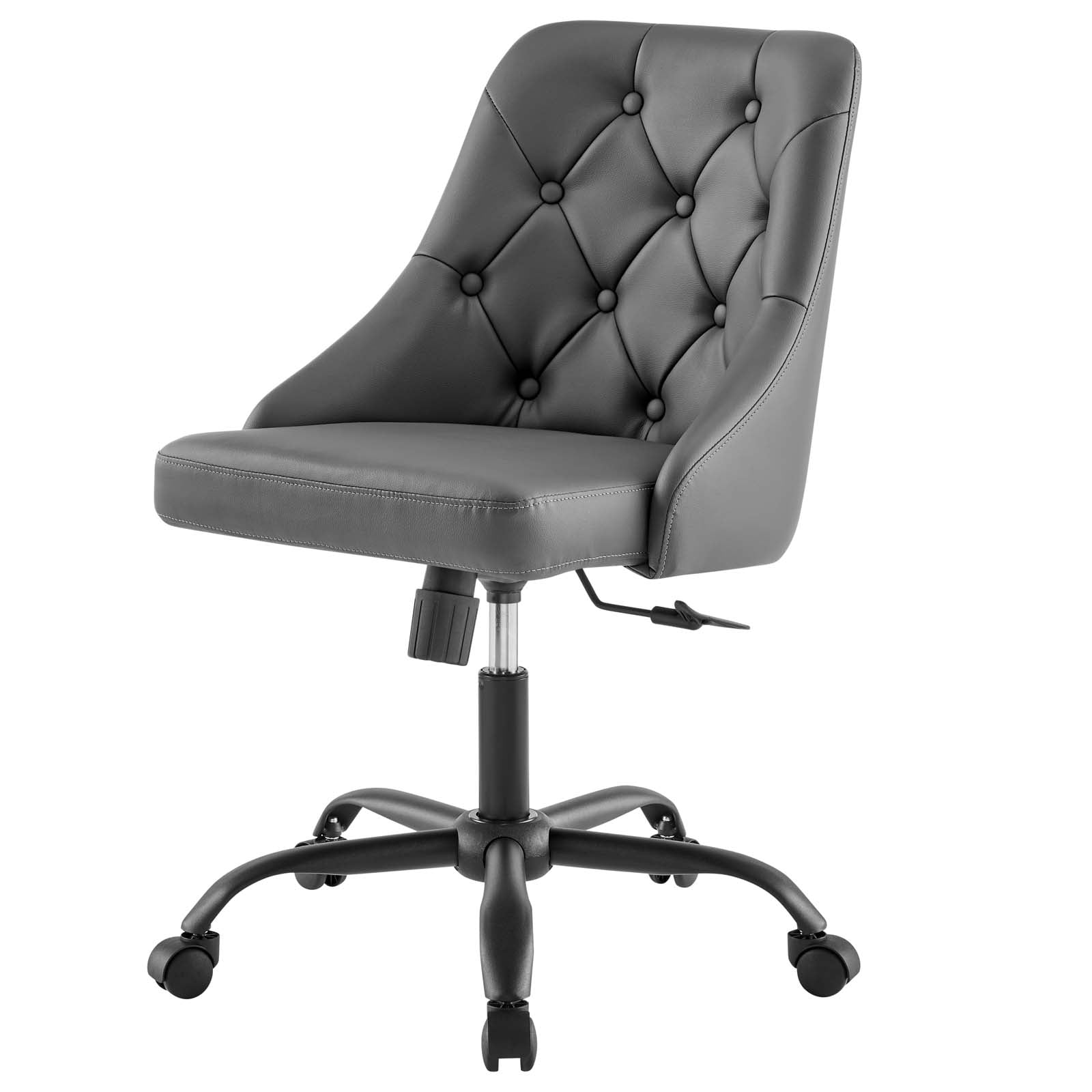 Computer Work Desk Swivel Tufted Chair, Faux Vegan Leather, Black Grey ...