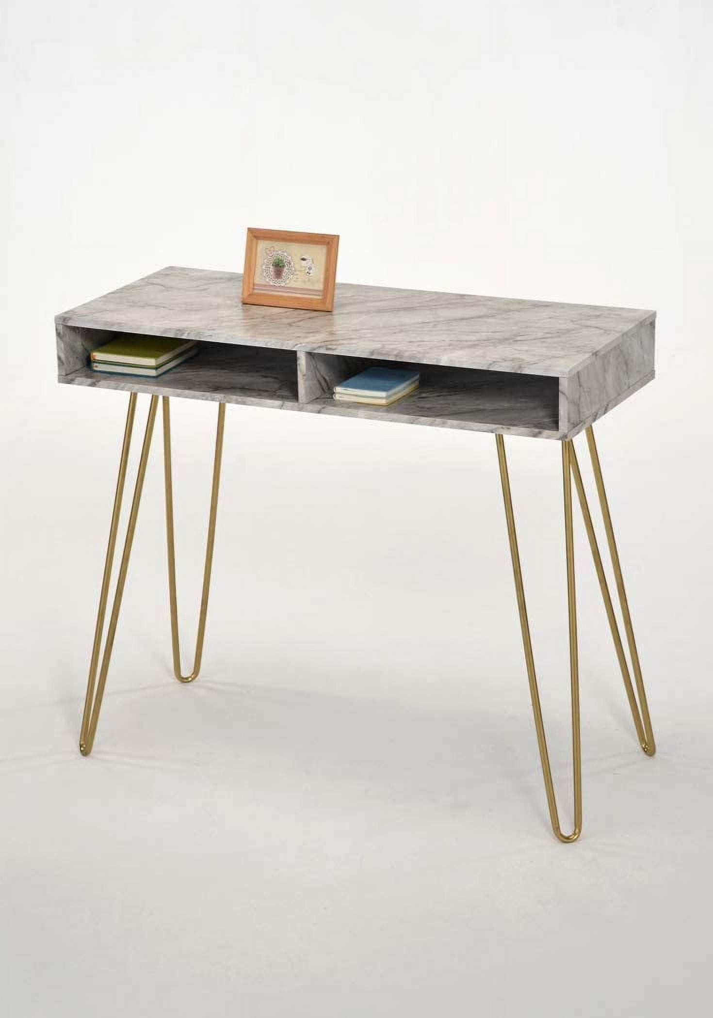 Computer Writing Desk Table with Open Storage Cubbies, Gold Metal Legs ...