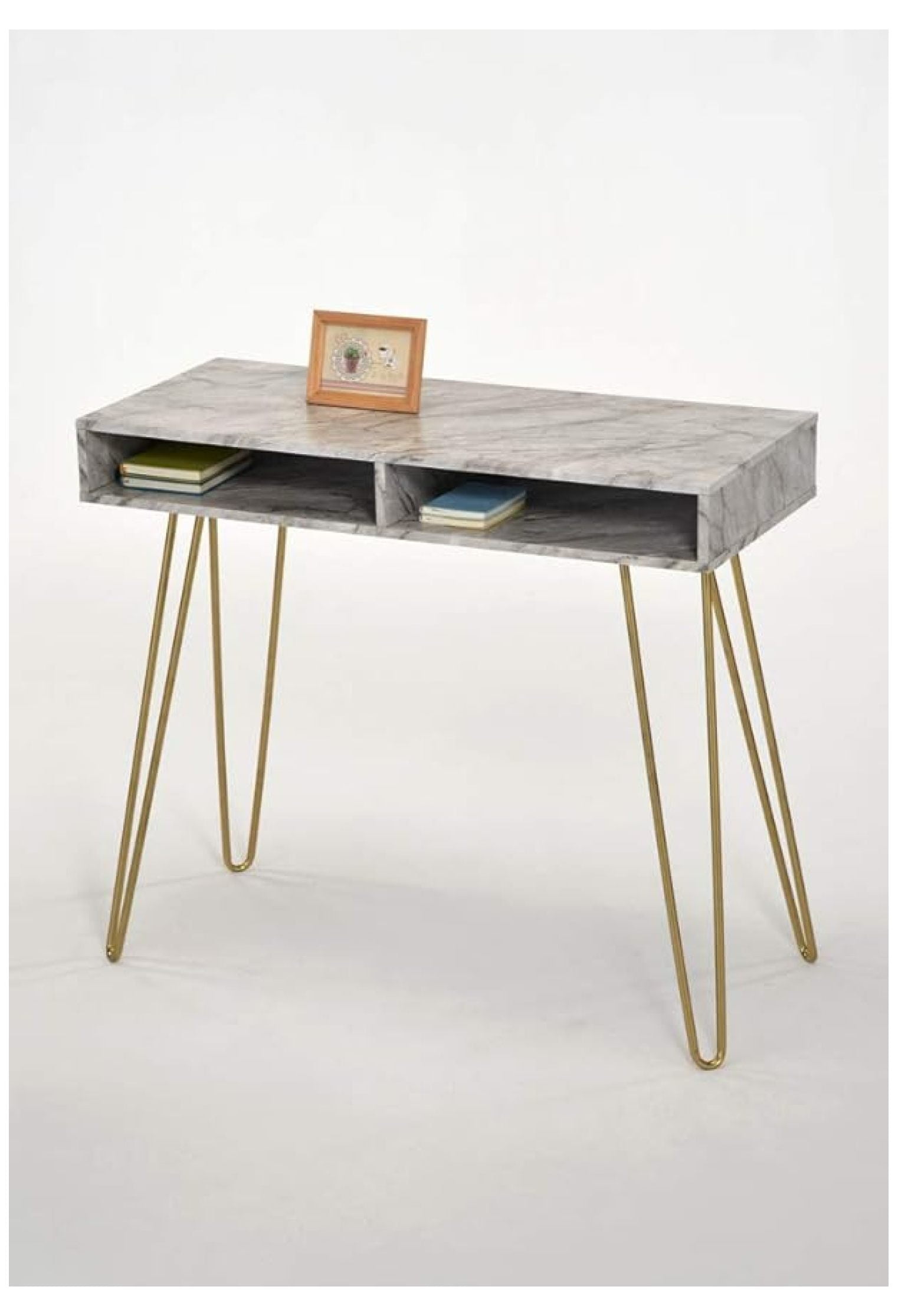 Computer Writing Desk Table with Open Storage Cubbies, Metal Legs/White ...